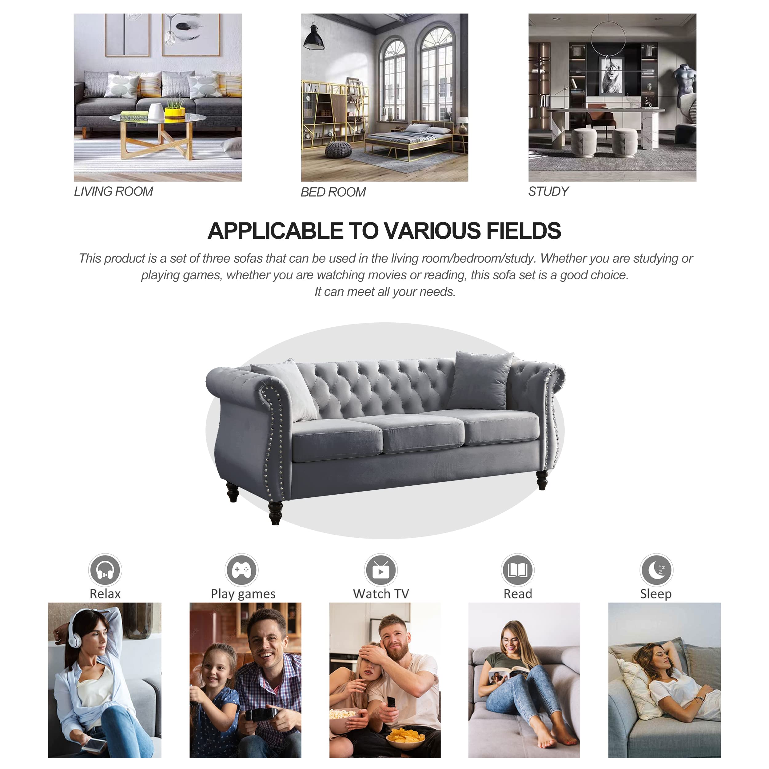 Bellemave 80" Chesterfield Sofa Couch Velvet 3-Seater Sofa with Two Pillows, Nailhead & Rolled Arms Upholstered Sofa with Curved Backrest Solid Wood Legs for Living Room, Bedroom, Office (Grey)