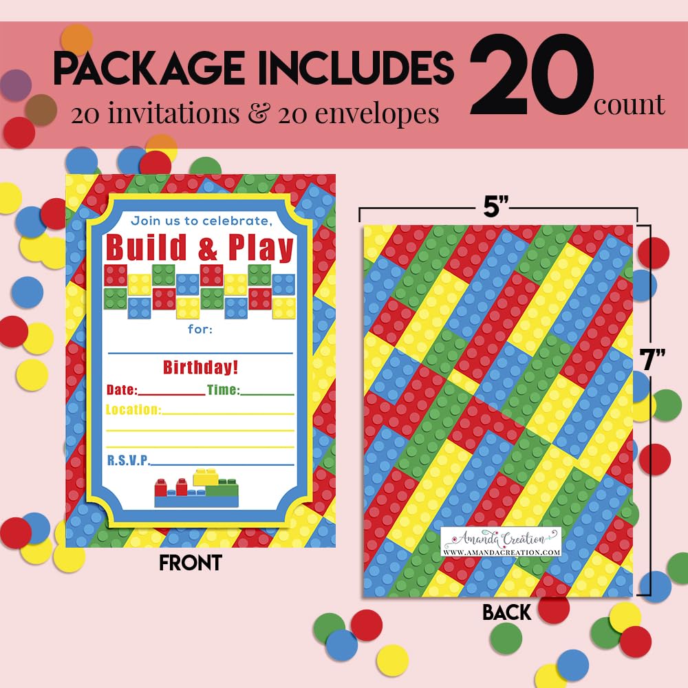 Building Blocks Birthday Party Invitations, 20 5x7 Fill In Cards with Twenty White Envelopes by AmandaCreation