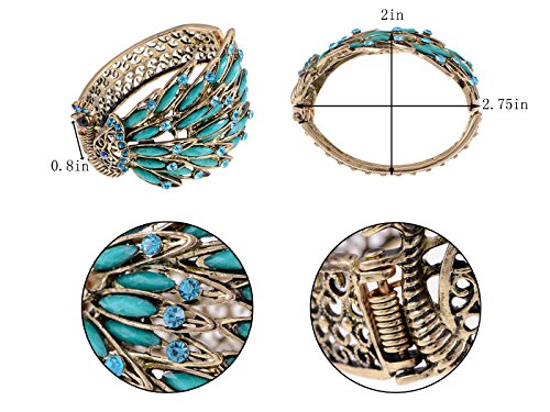 Alilang Womens Antique Golden Tone Peacock Bracelet Bangle With Turquoise Blue Gems, Blue