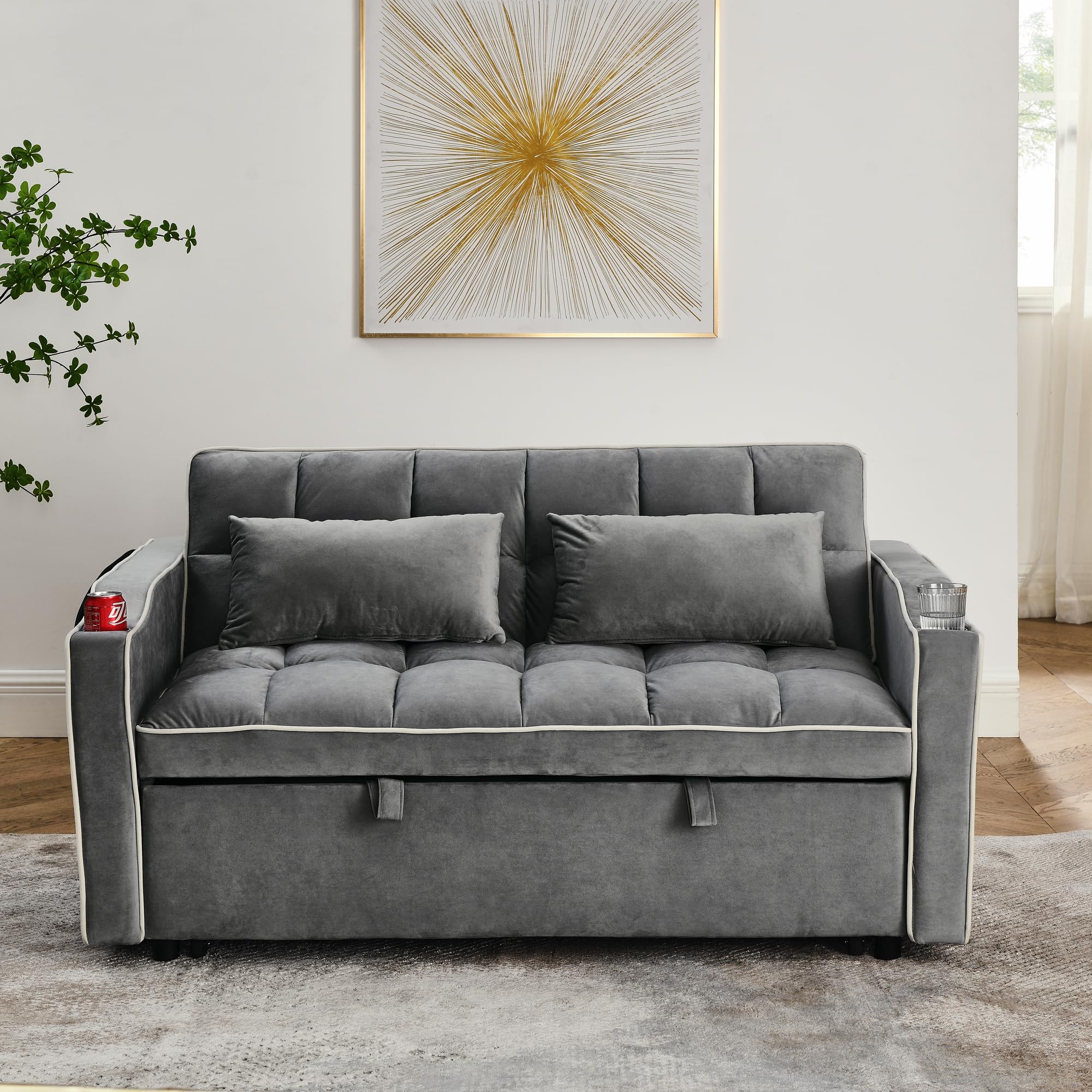 Bellemave Foldable Sofa Bed with Phone Holder, Pull Out Velvet Loveseat Sleeper with 2 USB Charging Ports, Modern Futon Couch with Cup Holders and Adjustable Backrest, for Living Room, Gray