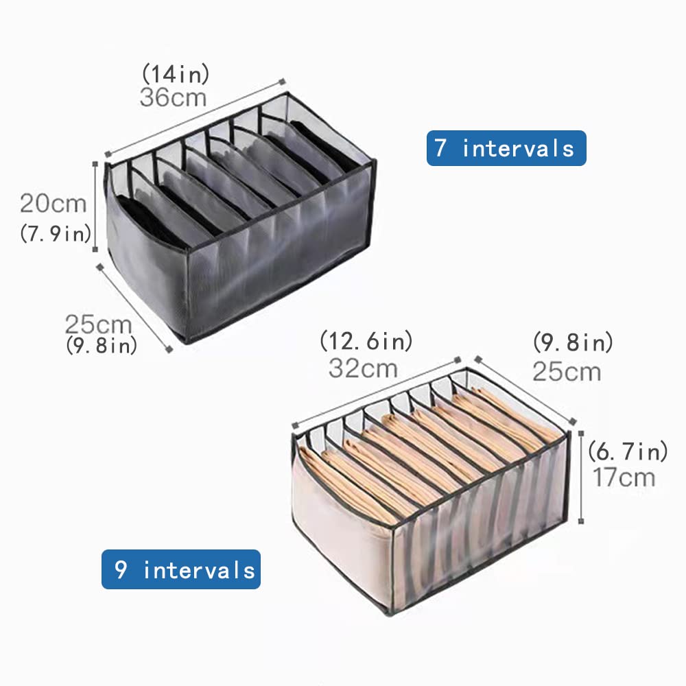 JINLU Wardrobe Clothes Organizer 7 Grids 9 Grids (2-Piece),Clothes Organizer for Folded Clothes Washable Drawer Organizers for Clothing Divided Mesh Organizing Box Uitable for Jeans (L,Gray )