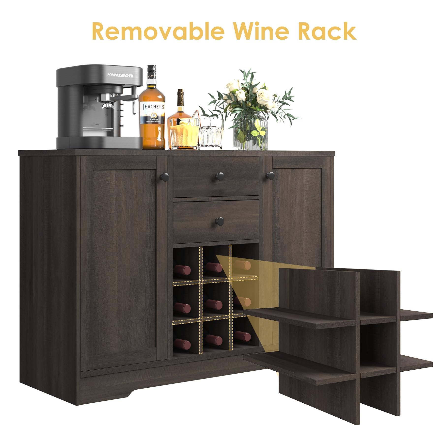 BOTLOG Buffet Sideboard Bar Cabinet with Storage, Farmhouse Coffee Bar Cabinet with 2 Drawers and Adjustable Shelves, 43.3β Kitchen Buffet Storage Cabinet for Kitchen, Dining Room (Dark Brown)