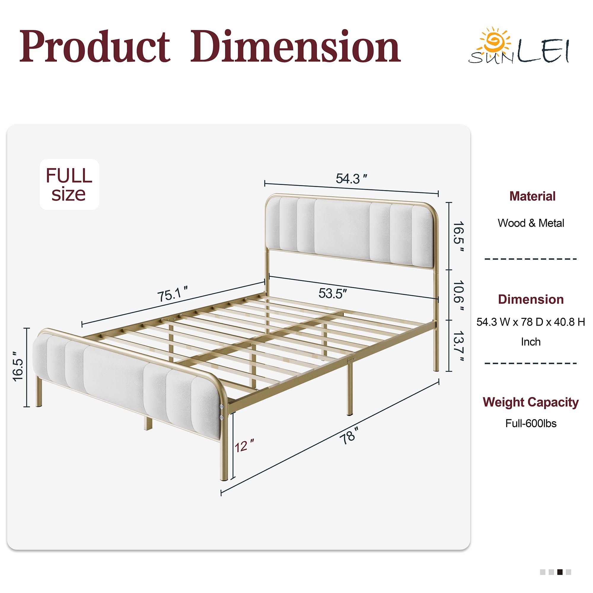 SUNLEI Gold Queen Size Bed Frame with Velvet Fabric Headboard, Metal Platform Bed with 12" Storage Space, Solid Metal Slats Support, No Box Spring Needed, Easy Assembly, Modern White Velvet