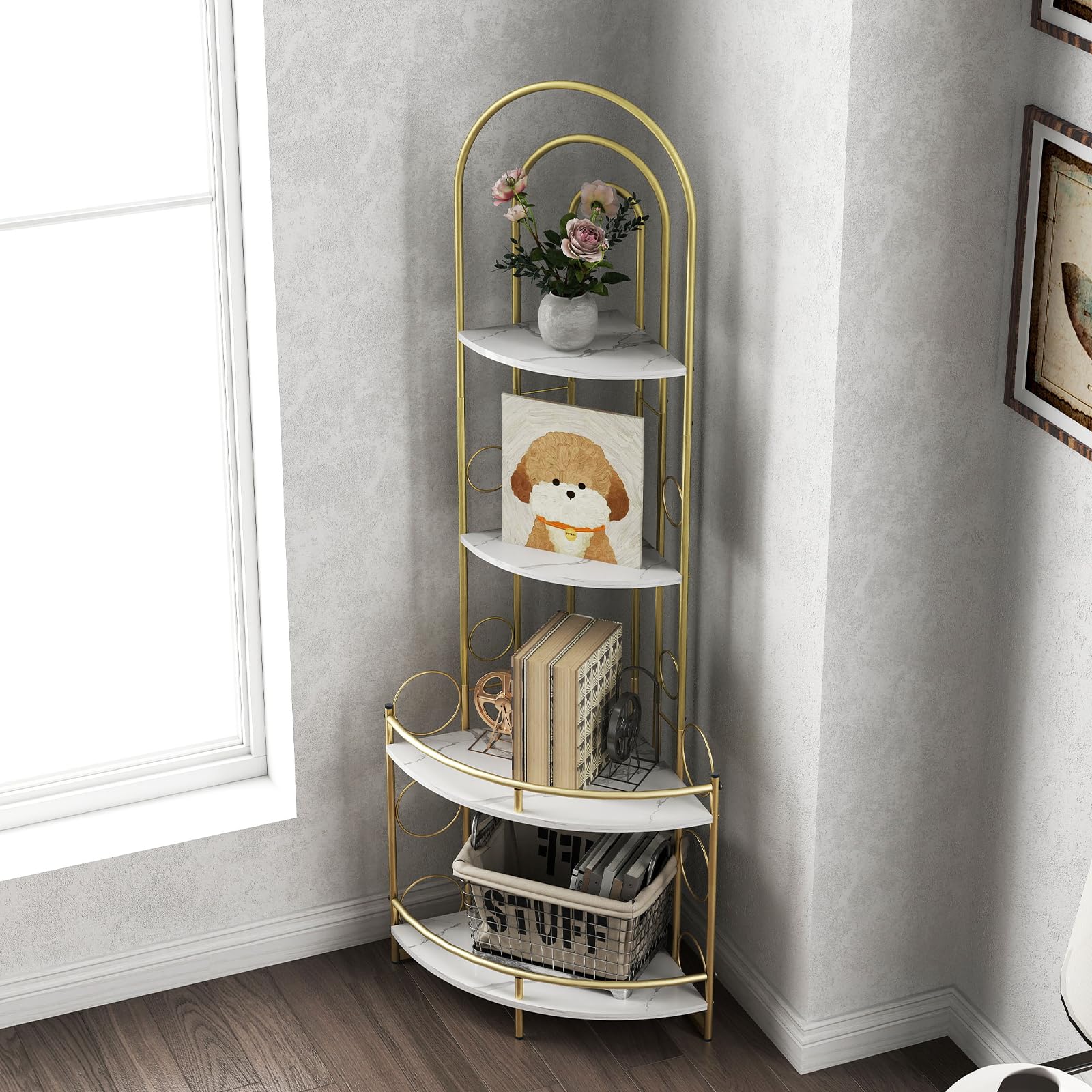 Arched Bookshelf,4 Tier Corner Shelf Stand,Open Bookshelf,Gold Bookcase for Living Room,Home Office, Study, Bedroom,Bathroom Modern Style(White + Gold)