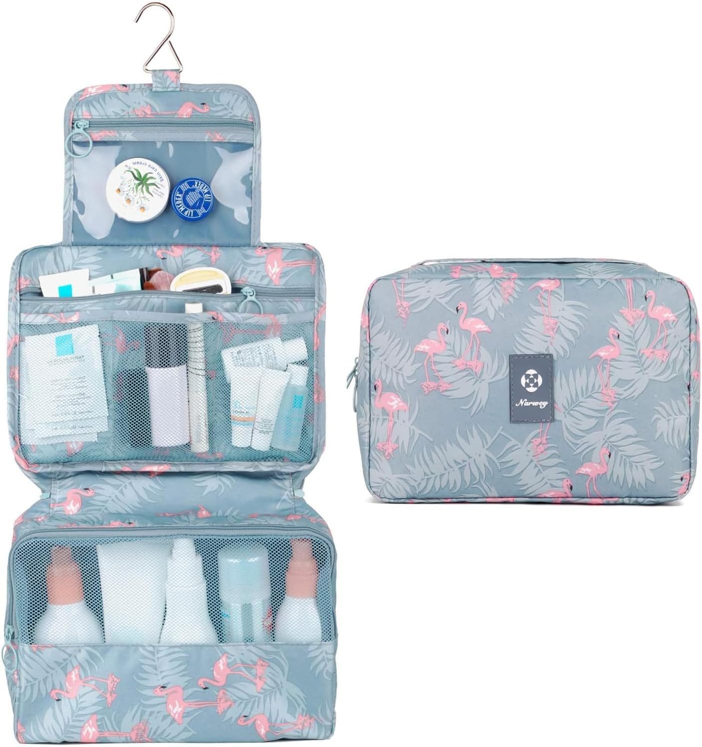 Narwey Hanging Toiletry Bag for Women Travel Makeup Bag Organizer Toiletries Bag for Cosmetics Essentials Accessories (Flamingo)