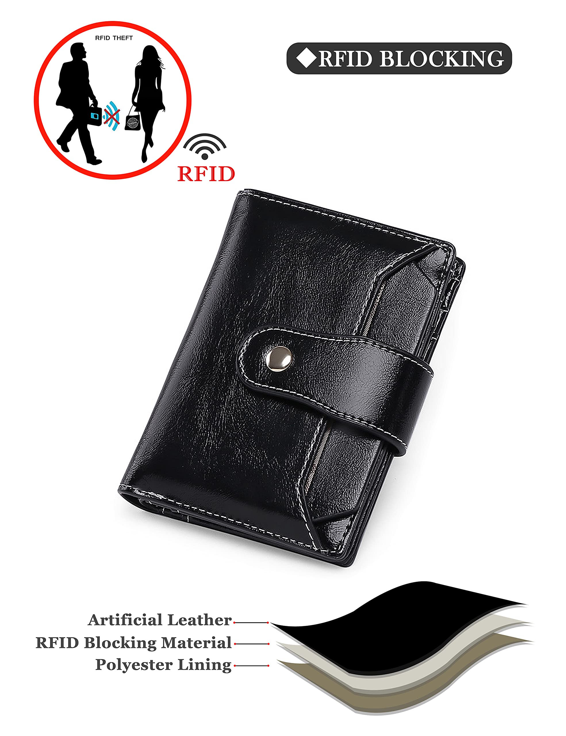 IamaCos Women Artificial Leather Wallets Compact Bifold Wallet RFID Blocking Card Holder Zipper Coin Purse 10 Card Slots 2 ID Windows Black