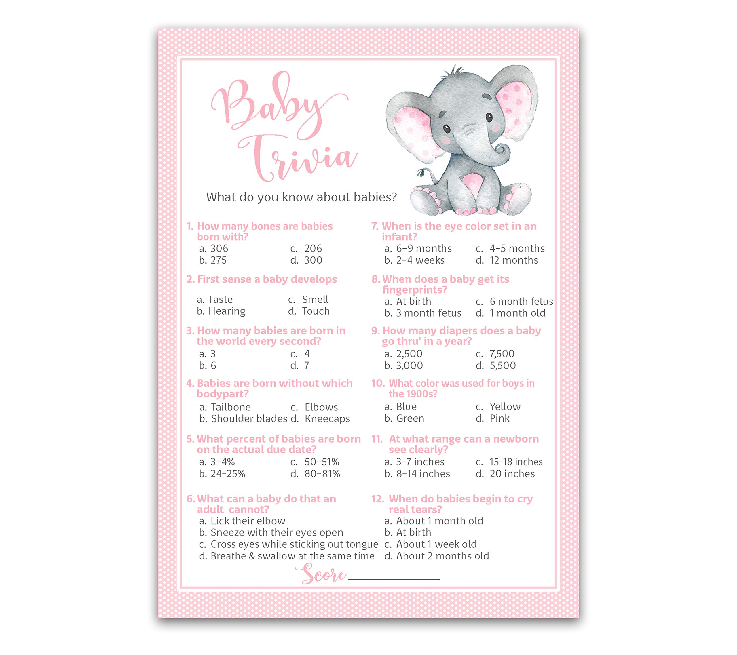 PINK ELEPHANT Baby Shower Game — BABY TRIVIA Baby Shower Games — Pack of 25 — Fun Baby Facts Games, GIRL Baby Shower Games, Pink Cute Polka Dot Baby Elephant Baby Shower Games Activity, SKU G500-TRV