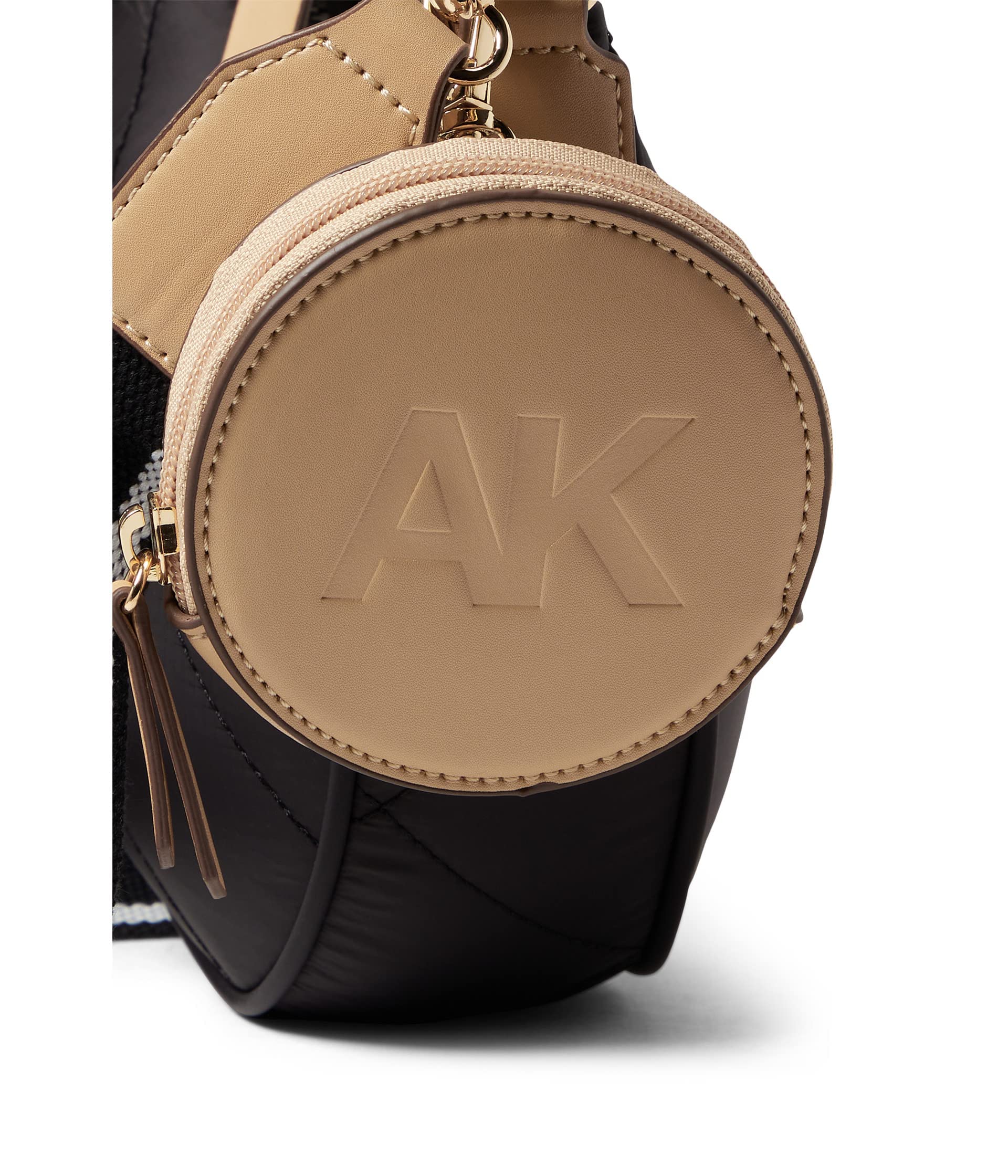 Anne Klein Quilted Nylon Crescent Convertible Shoulder Bag, Black/Warm Sand/Black-White Webbing
