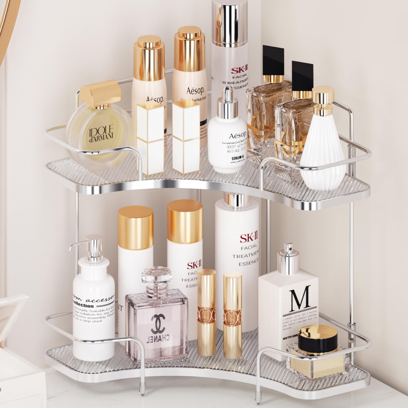 INVSSENE 2 Tiers Bathroom Organizer Countertop, Skincare Organizer, Makeup Organizer for Vanity, Cosmetic Storage Shelf, Perfume Display Tray - Plain Silver