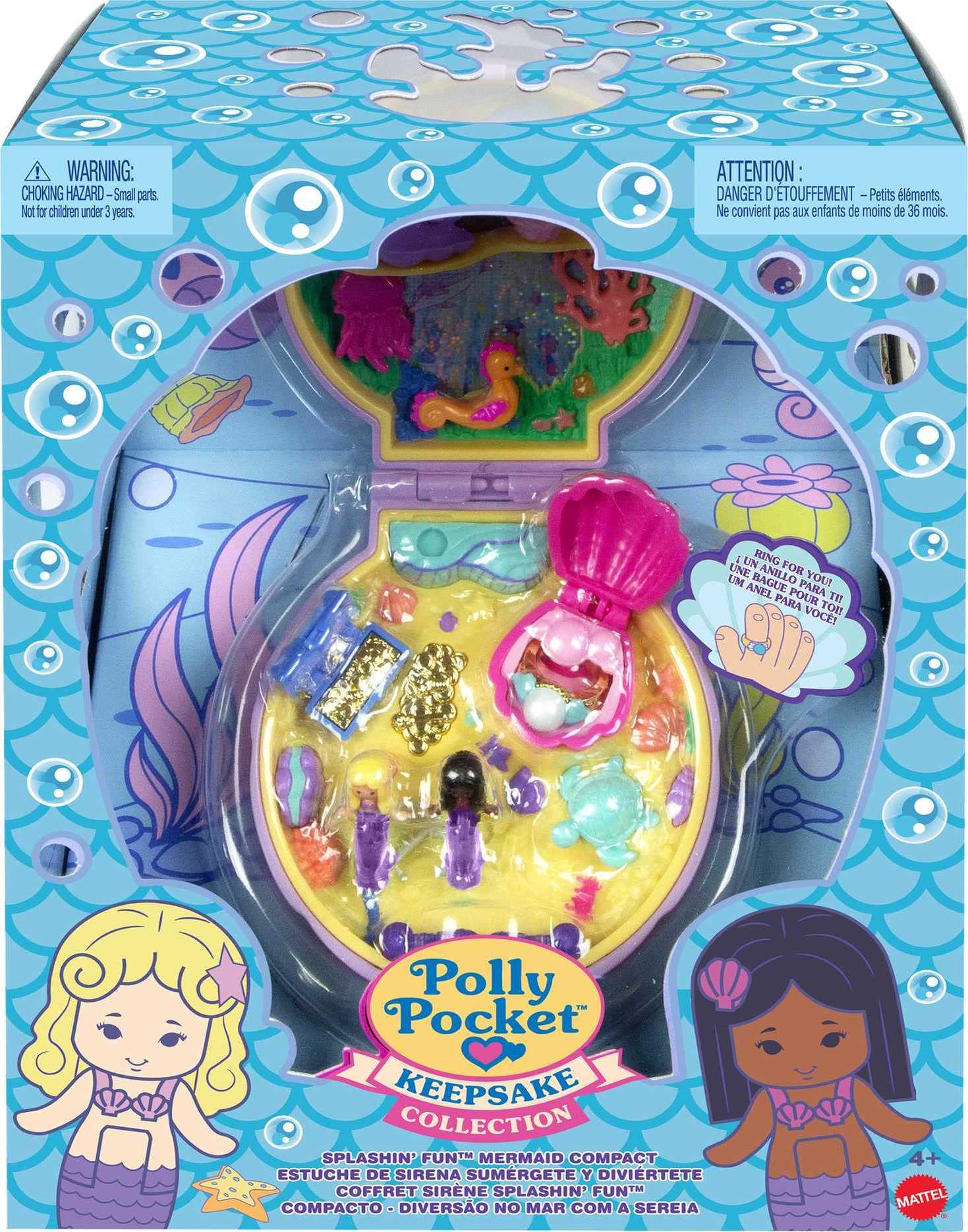 Polly Pocket Keepsake Collection Mermaid Dreams Collectible Compact, Under-The-Sea Theme, Special Box, 2 Mermaid Dolls, Wearable Ring & More, Collectible Gift, Ages 4 Years Old & Up