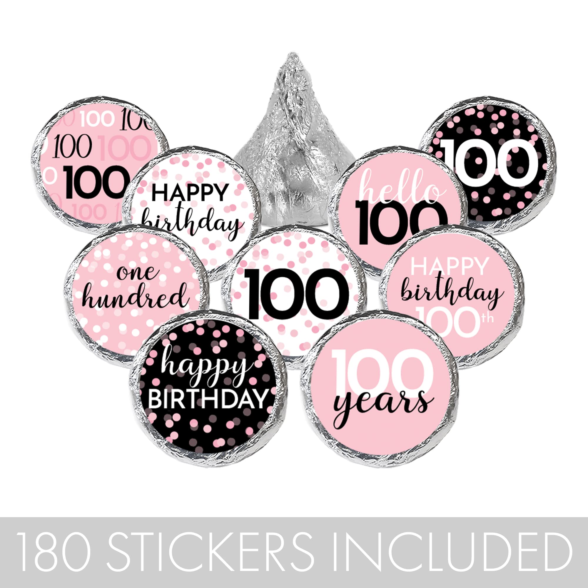 Pink, Black, and White 100th Birthday Party Favor Chocolate Kisses Candy Stickers - 180 Count, 100th Birthday Decorations