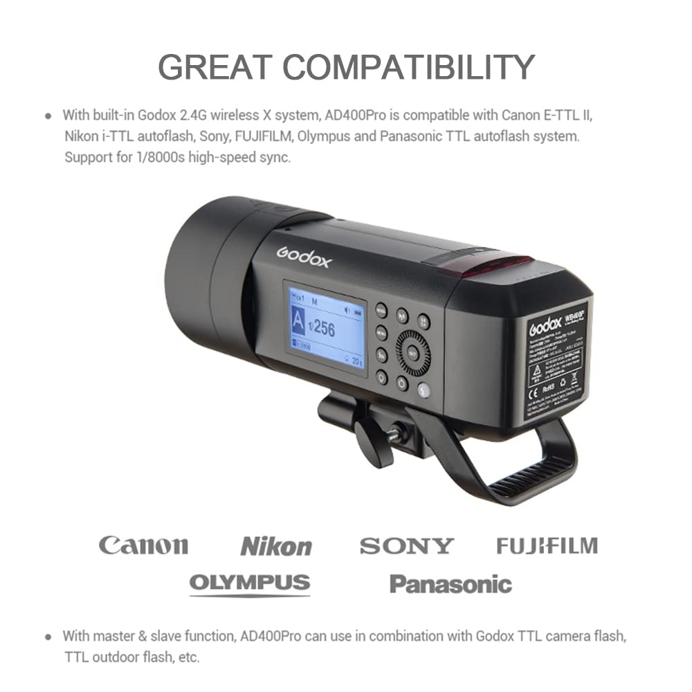 Godox AD400 Pro All-in-One Outdoor Flash, 400W 2.4G Wireless X System TTL Strobe Light, 1/8000 HSS Flash Monolight,390 Full Power Pops, 0.01-1s Recycle Time, 30w LED Modeling Lamp