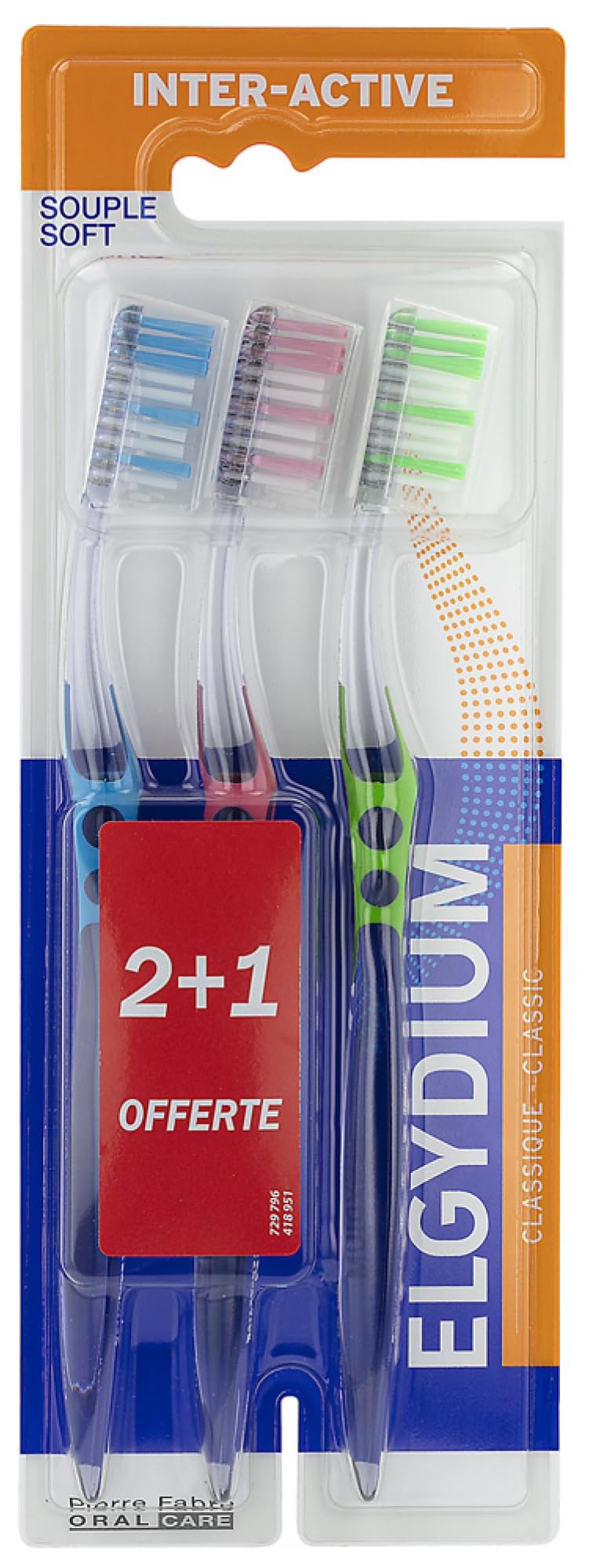 Elgydium Inter-Active Soft Toothbrush Pack of 3 Toothbrushes