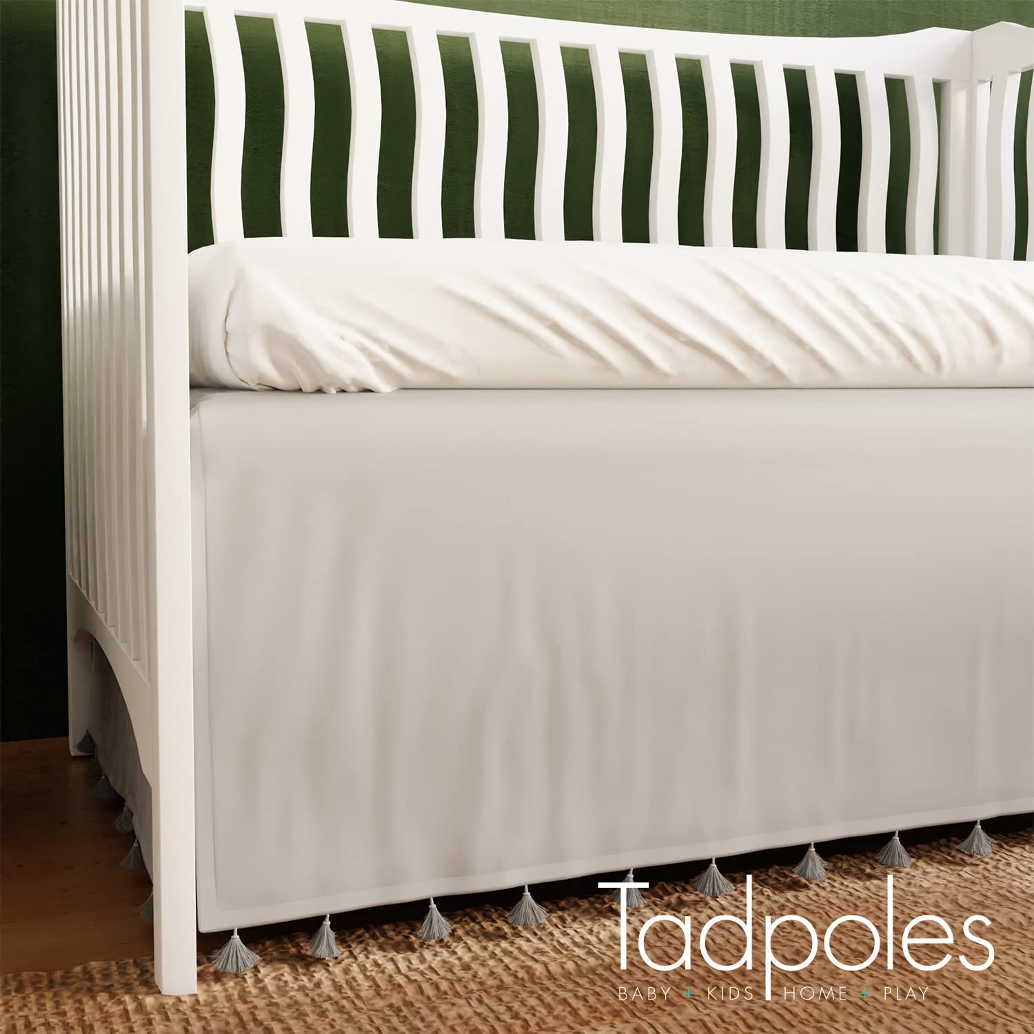 Tadpoles Crib Skirt with Tassel | 28" x 52" with a 14" Drop | Made of 100% Softly Brushed Microfiber Polyester | Easy to Care for | Soft, Smooth, Breathable & Durable | Ideal for Babies | Grey