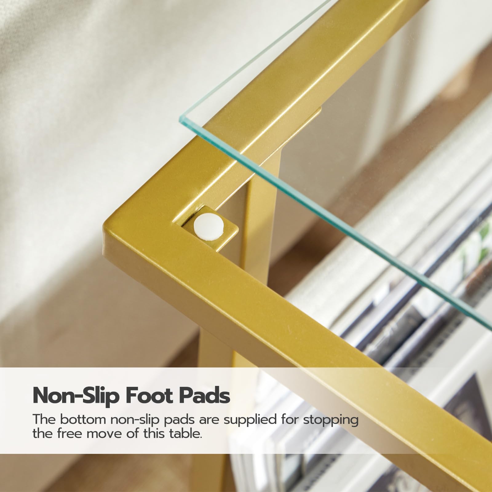 HOOBRO Narrow End Table, Tempered Glass Side Table, Small Nightstand, Bedside with Storage Holder, Coffee Table for Small Spaces, Bedroom, Living Room, Easy Assembly, Sturdy, Gold GD78BZ01