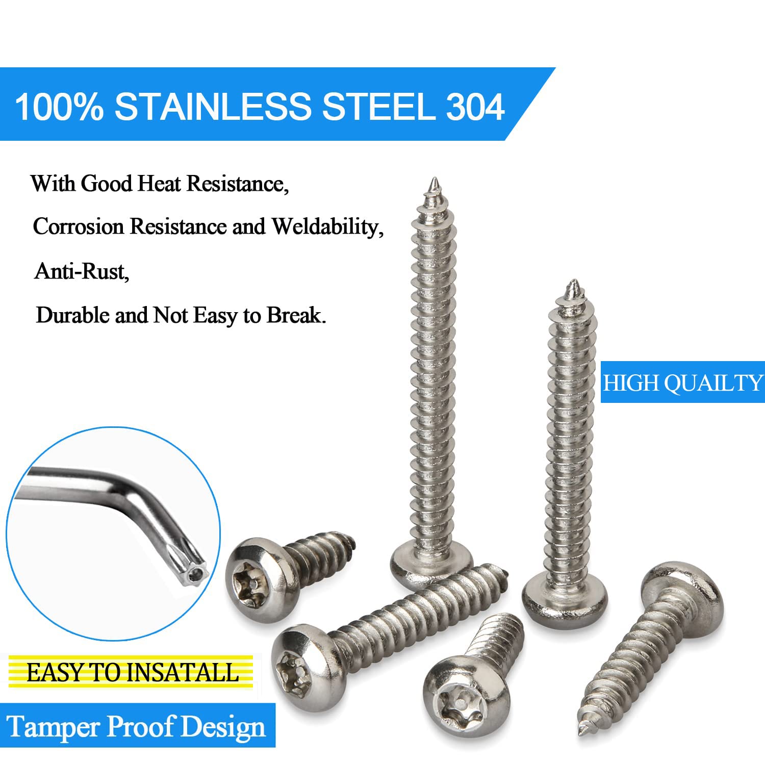 Akivome 180 Pcs #8 Button Head Torx Security Screws 304 Stainless Steel Anti-Theft Tamper Proof Screws Assortment Kit with T20 Bit (#8 x 1/2'', 5/8'', 3/4'', 1'', 1-1/4'', 1-1/2'')