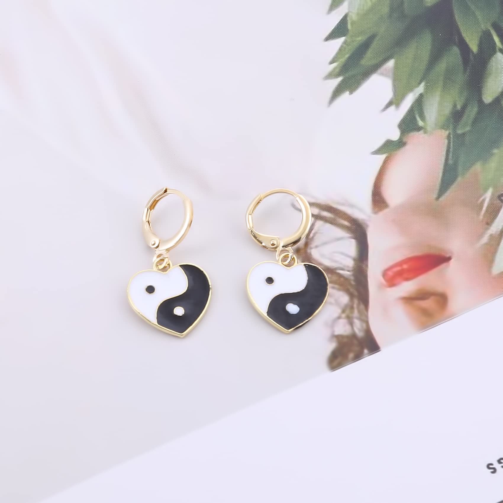 Atmneris Heart Yin Yang Dangle Hoop Earrings Enamel Statement Earring Small Hoop Mini Huggie Earrings for Women,Black White
