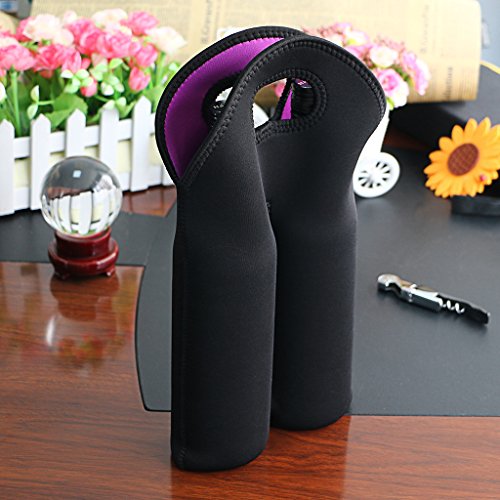 Hipiwe Wine Carrier Tote Bag Two Bottle Insulated Neoprene Wine/Water Bottle Holder for Travel with Secure Carry Handle (Blake+ Purple)