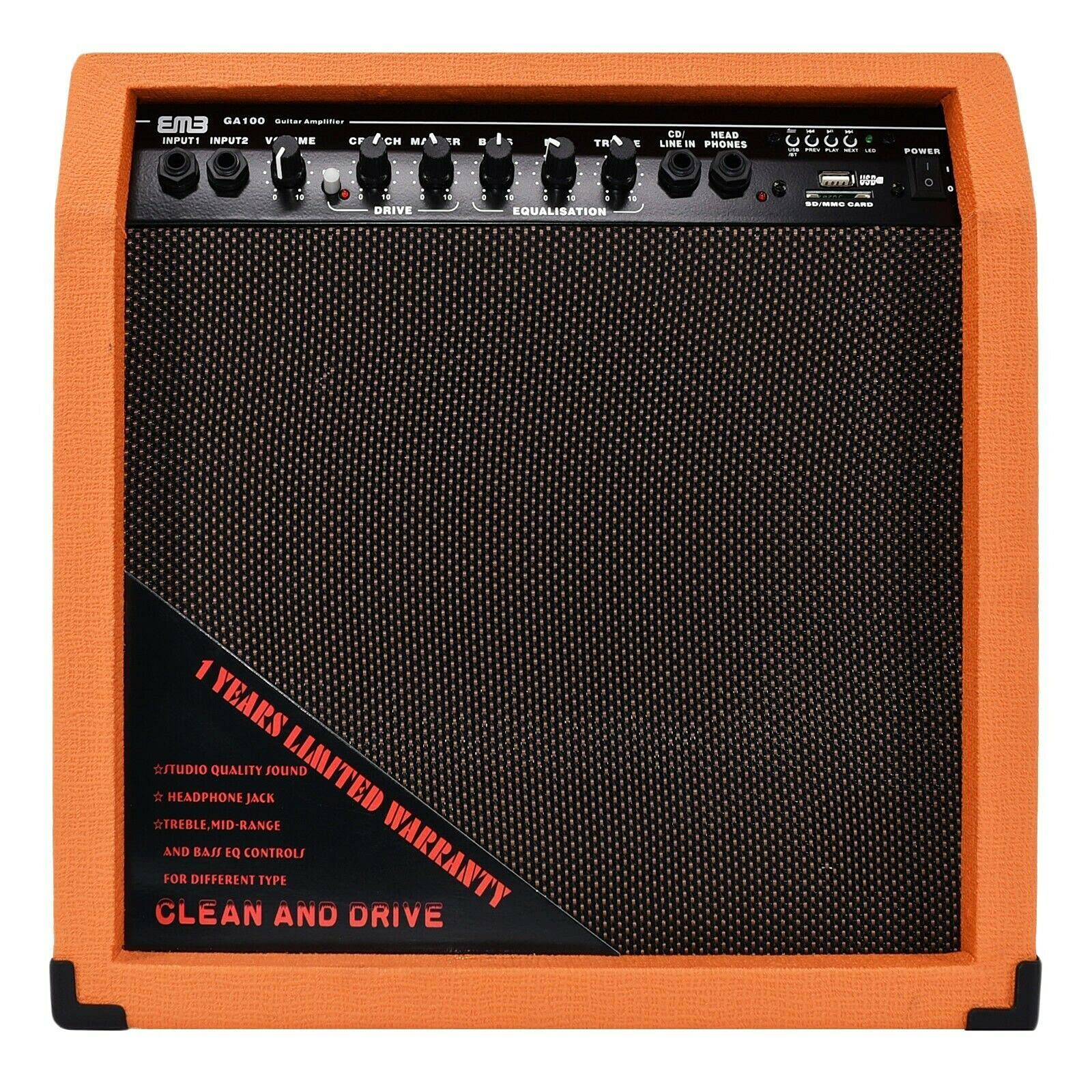 EMB GA100 500W 10" Electric Guitar Amplifier Speaker Portable Powerful Studio and Stage Cabinet PreAMP – with Built in Headphone Jack and 2 Inputs and SD USB AUX Bluetooth (Yellow)