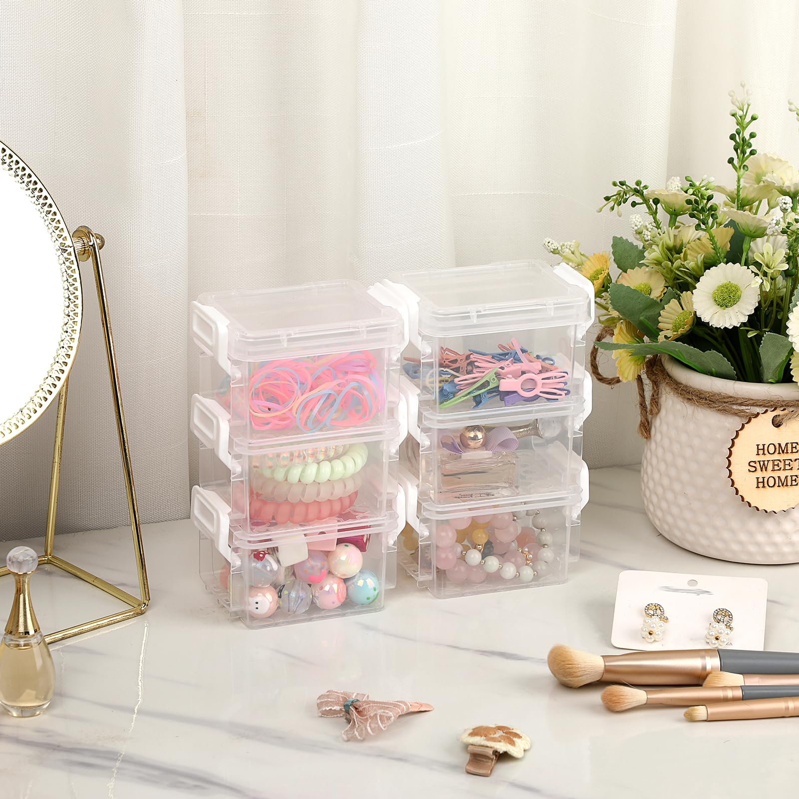 BTSKY 18 Packs Small Storage Containers with Lids, Stackable 0.14 QT Storage Bins Plastic Mini Latch Box-3 Pack Mini Boxes with 1 Lid,Clear Craft Organizer Box for Beads Jewelry Hair Accessory,White