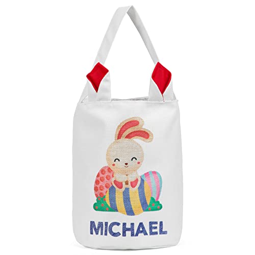 Customized Name Canvas Tote Bag Bunny Printed Easter Basket, Egg Hunt Easter Bags with Rabbit Ears for Kids Boys Girls First Easter Party Decorations Favors Gifts, Cute Easter Basket