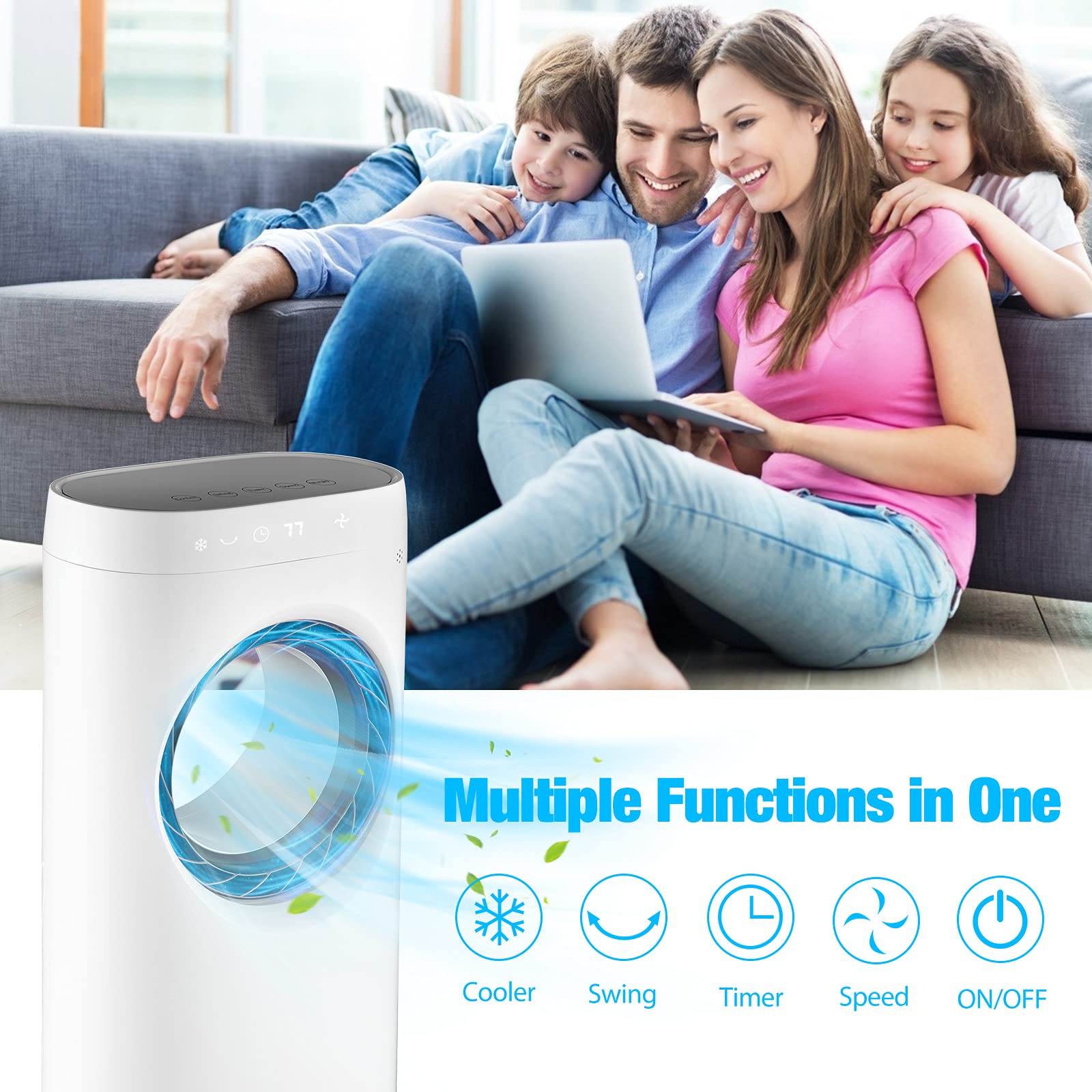 Evaporative Air Cooler - Trustech Portable Air Cooler, Cool & Humidifying with 3 Speeds, 12H Timer Evaporative Cooler, Bladeless Fan Ice Boxes Contained, Remote Control Tower Fan for Large Room Office