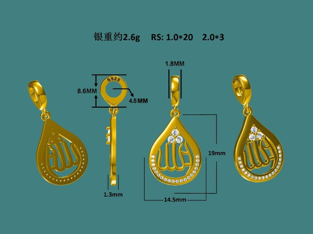 ALLAH Teardrop Islamic Calligraphy Muslim 925 Sterling Silver Charm Bead For Pandora & Similar Charm Bracelets or Necklaces