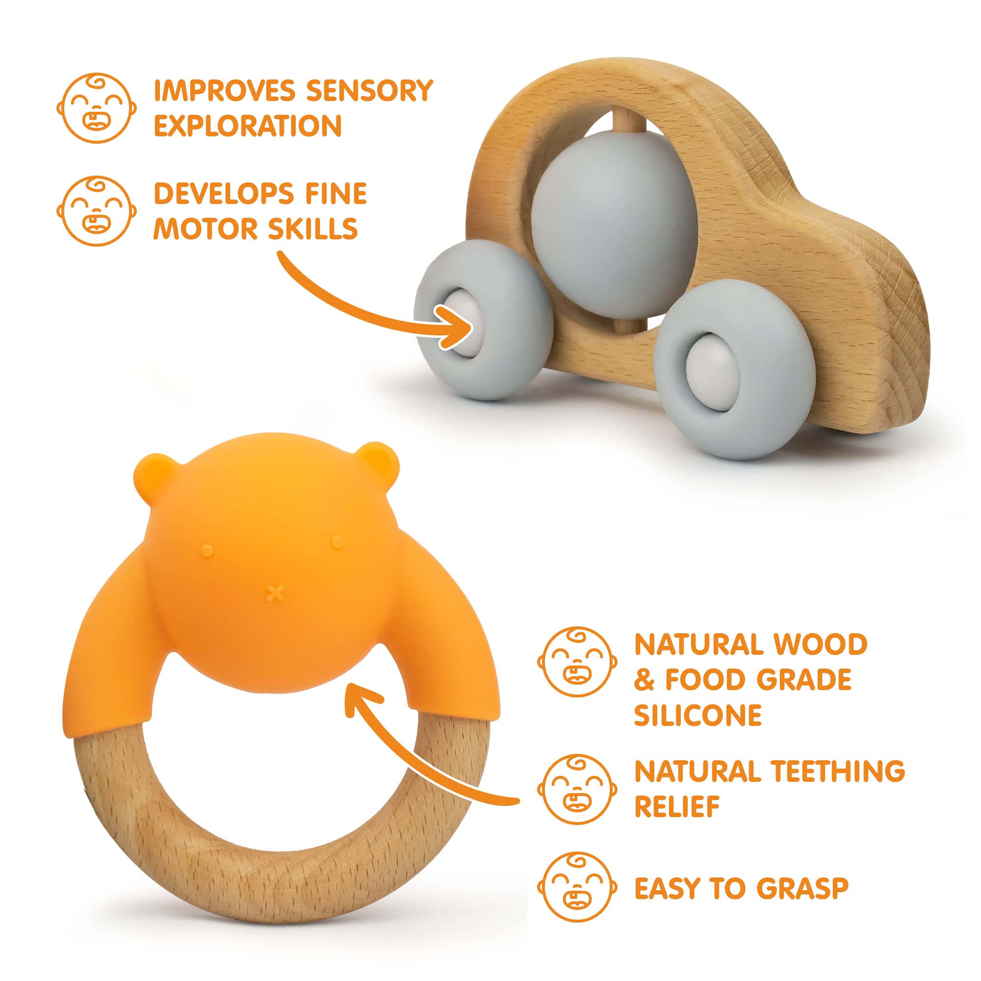Wooden Baby Teething Toys Set of 2 (Car & Ring Shaker) - Food Grade Teether Ring and Rattle with Push Along Organic Car for Teething Relief and Endless Fun