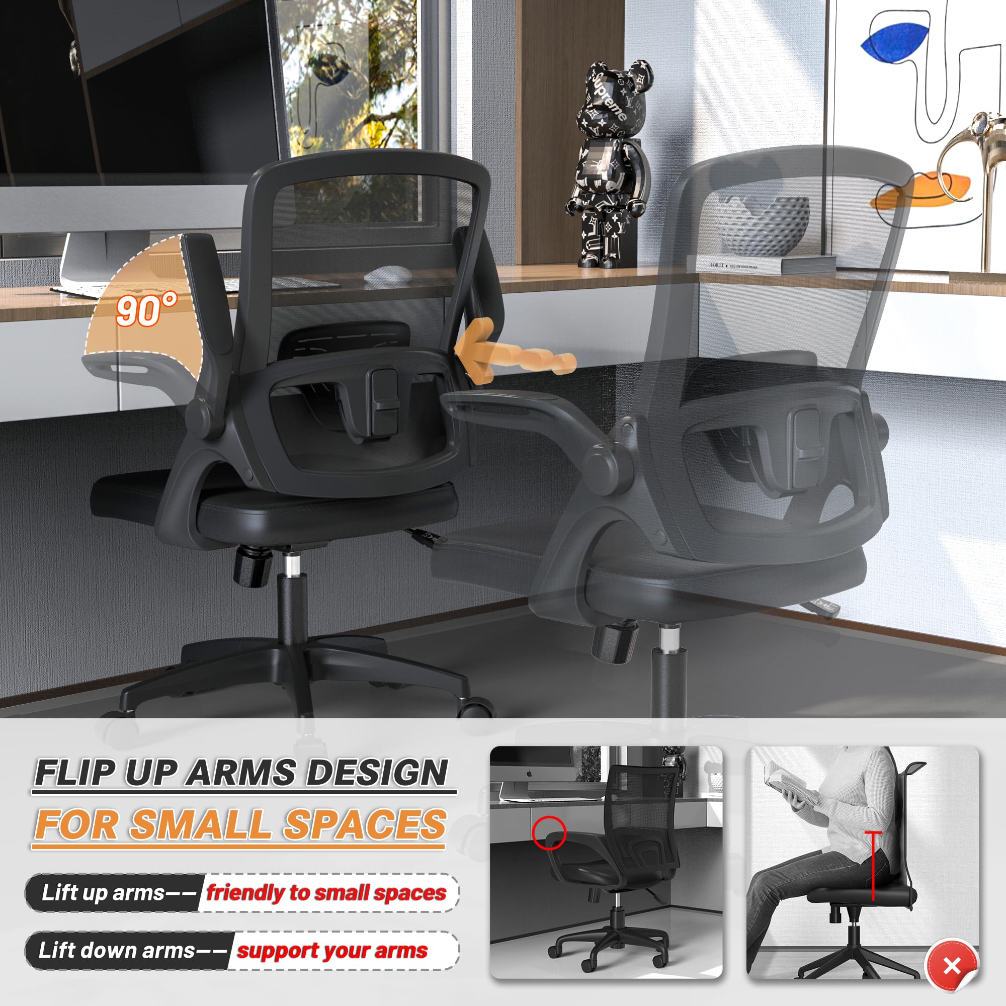 iCoudy Ergonomic Mesh Office Chair Comfy Swivel Home Computer Desk Chair with Flip Up Arms Comfortable Black Modern Computer Chair with Wheels Office Desk Chair with Adjustable Lumbar Support