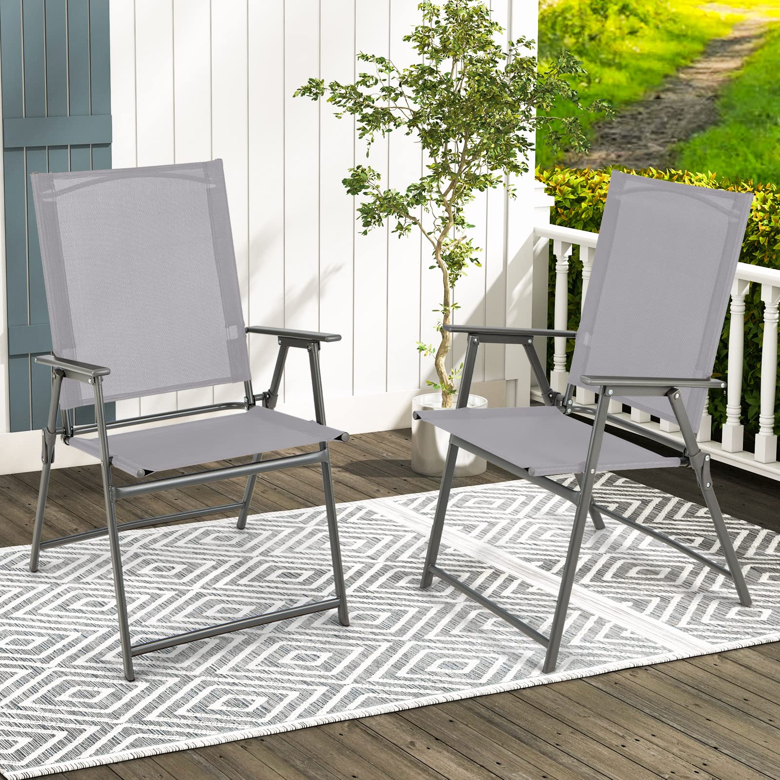 Giantex Patio Folding Chairs Set of 4, Outdoor Lawn Chairs with Rustproof Metal Frame, Portable Dining Chairs for Porch, Deck, Garden, Backyard, Camping, Gray