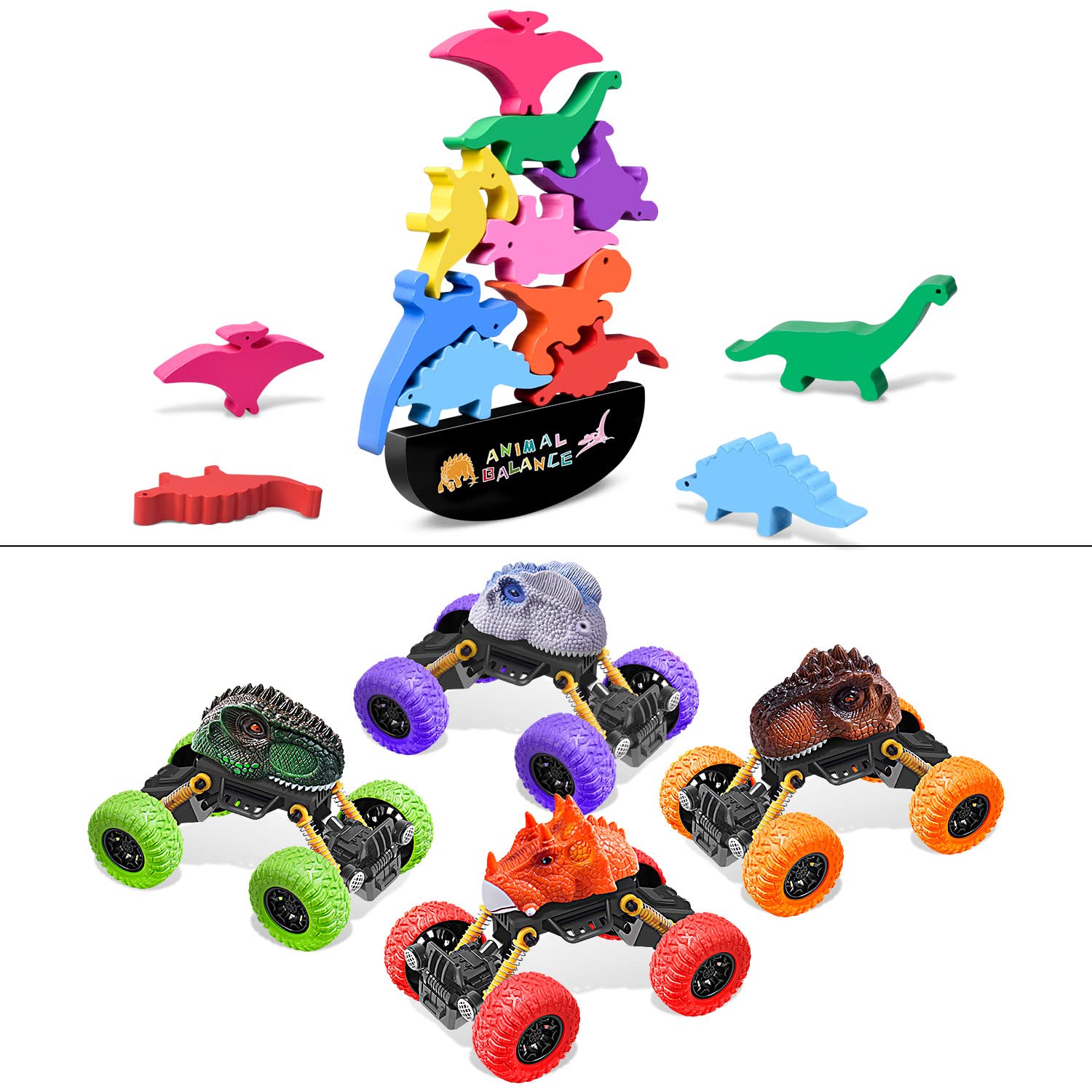 FFTROC Wooden Stacking Dinosaur Toys and Large Size Dinosaur Toys for Boys Cars