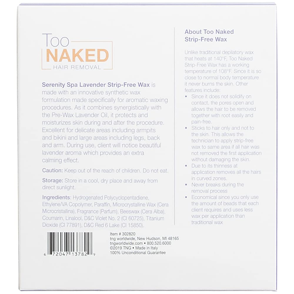 Too Naked Serenity Spa Lavender Strip-Free Wax Beads, Hair Removing Depilatory Wax size 28.8 Ounces