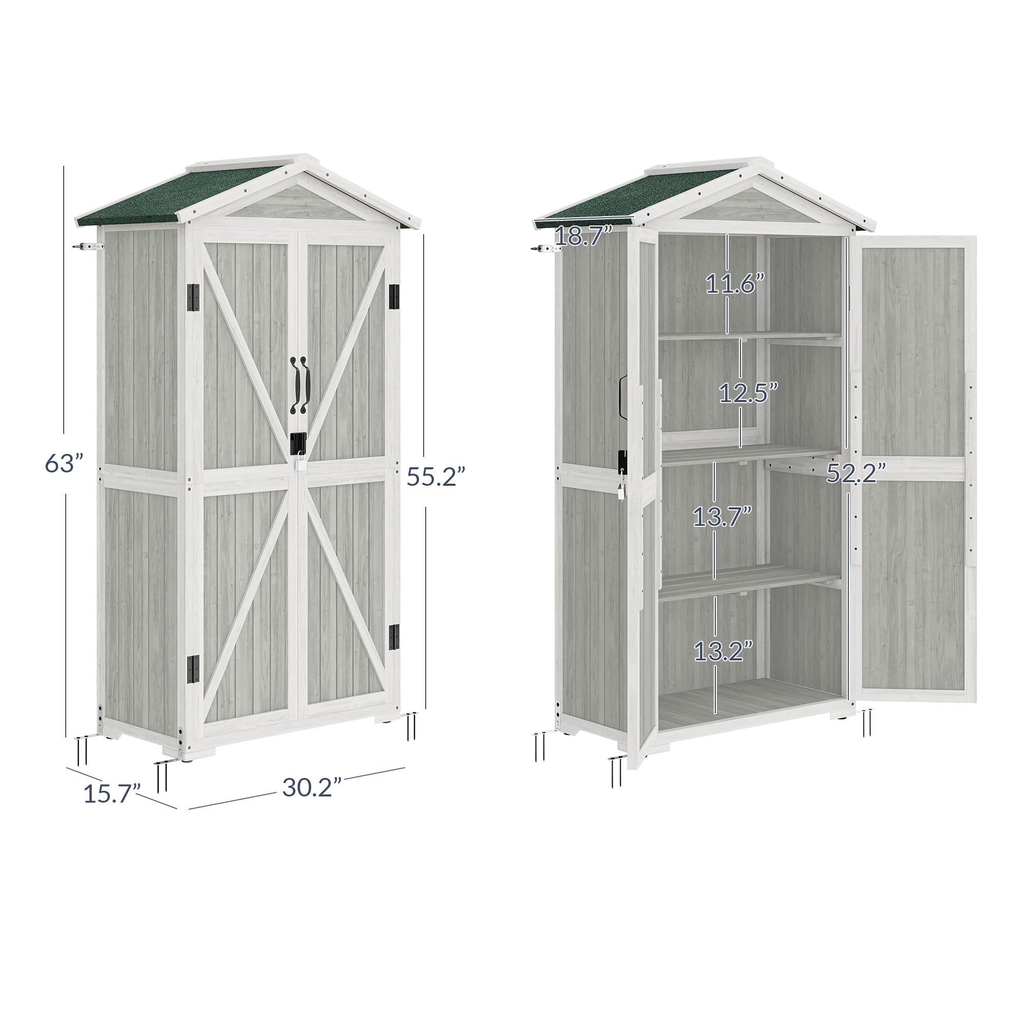 BELLEZE Outdoor Storage Cabinet with 4 Removeable Shelves, Wooden Garden Tall Storage Shed Lockable Tool Storage Cabinet with Waterproof Roof, Outside Tool Shed for Patio Lawn Yard Backyard - Gray