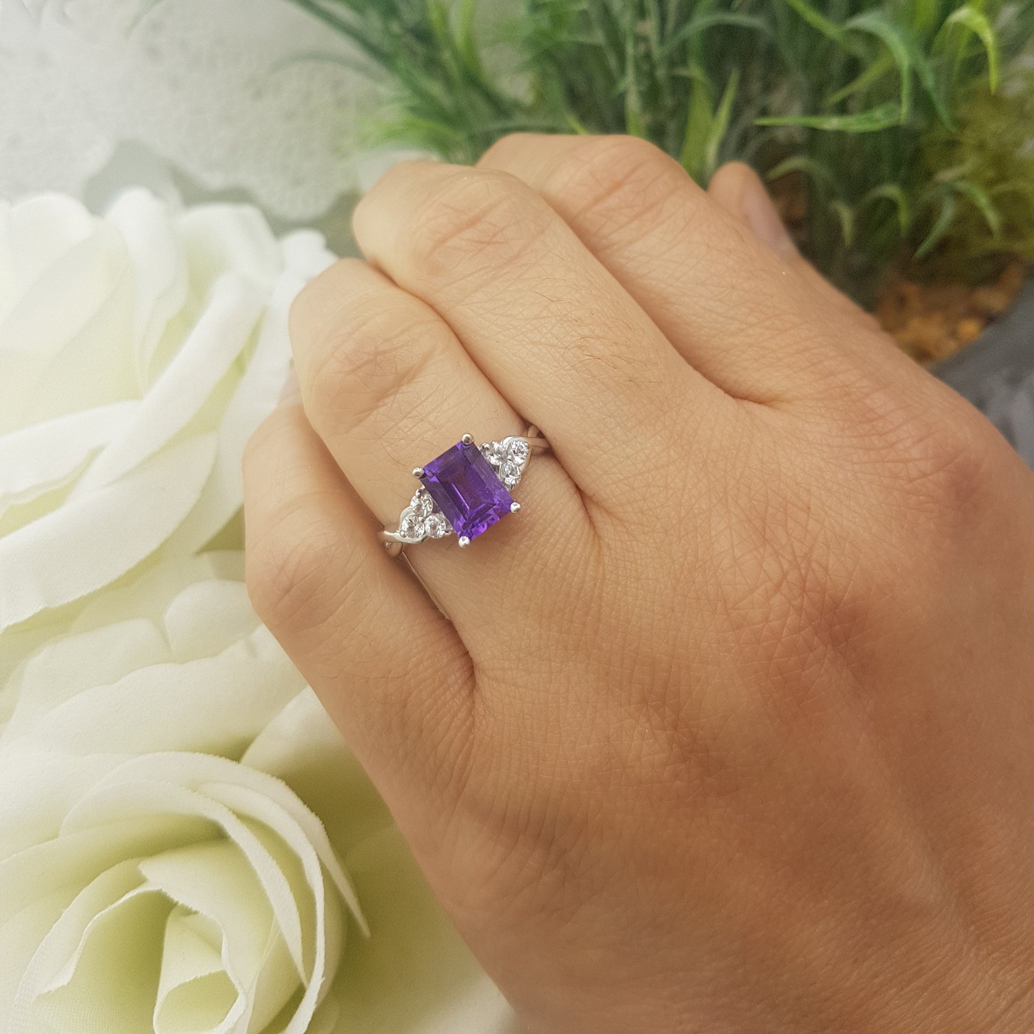 Dazzlingrock Collection 8X6 MM Emerald Cut Amethyst & Round White Sapphire Halo Engagement Ring for Her in 18K Solid White Gold, Size 8.5