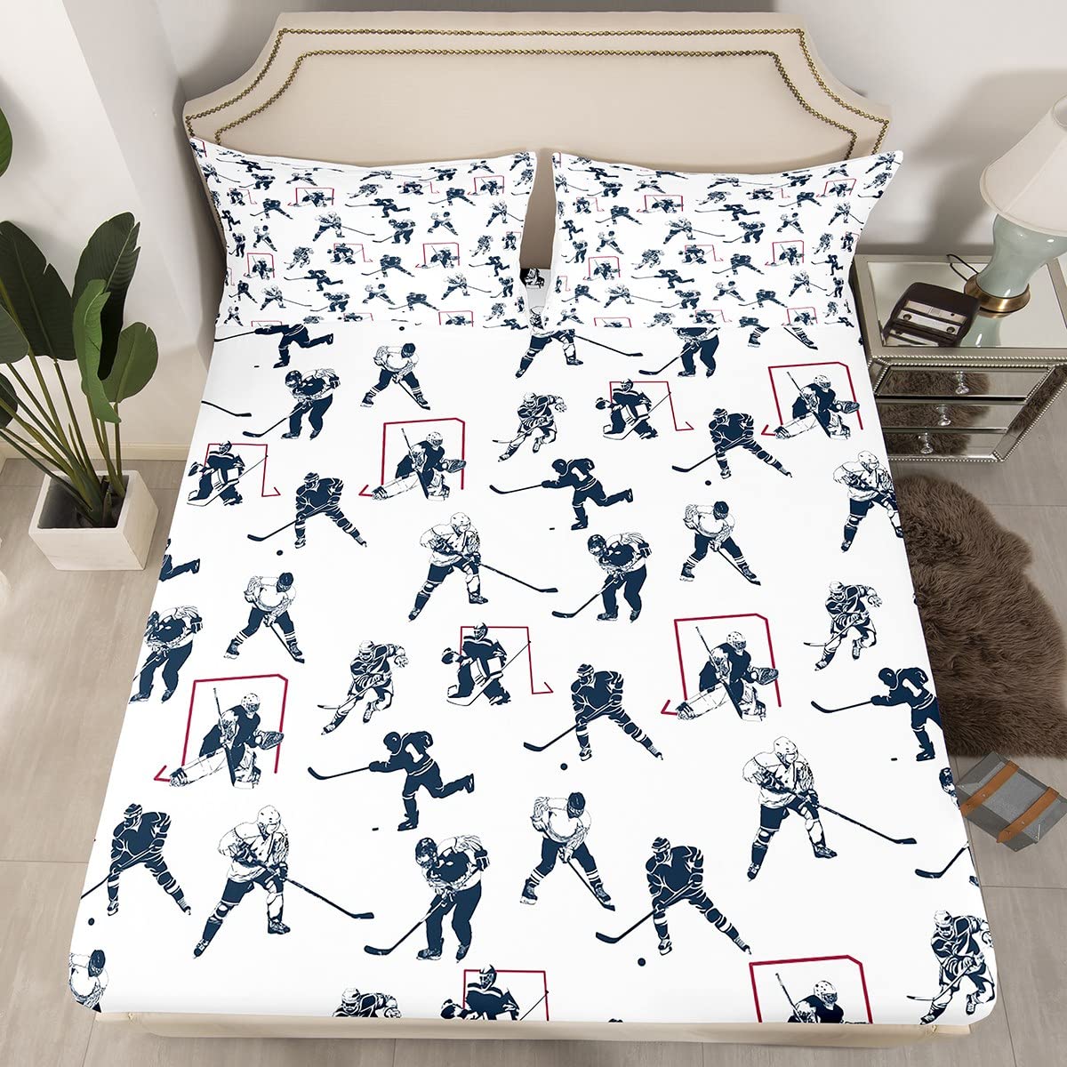 Ice Hockey Bed Sheet Set Full Kids Sports Event Bedding Set Hockey Player Fitted Sheet for Boys Bedroom Decor Soft Winter Sports Hockey Puck Bed Cover,Full 1 Fitted Sheet+2 Pillowcases(No Flat Sheet)