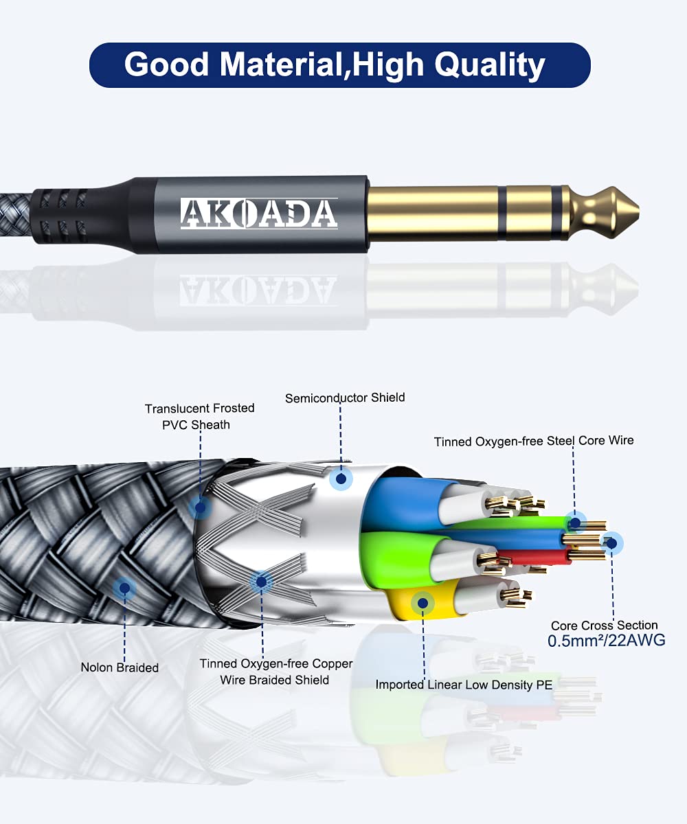 AkoaDa 1/4 Inch TRS Instrument Cable (10ft 2Pack), Right Angle 6.35mm Male Jack Stereo Audio Interconnect Cord,Compatible for Bass,Keyboard,Mixer,Amplifier,Amp,Electric Guitar,Speaker