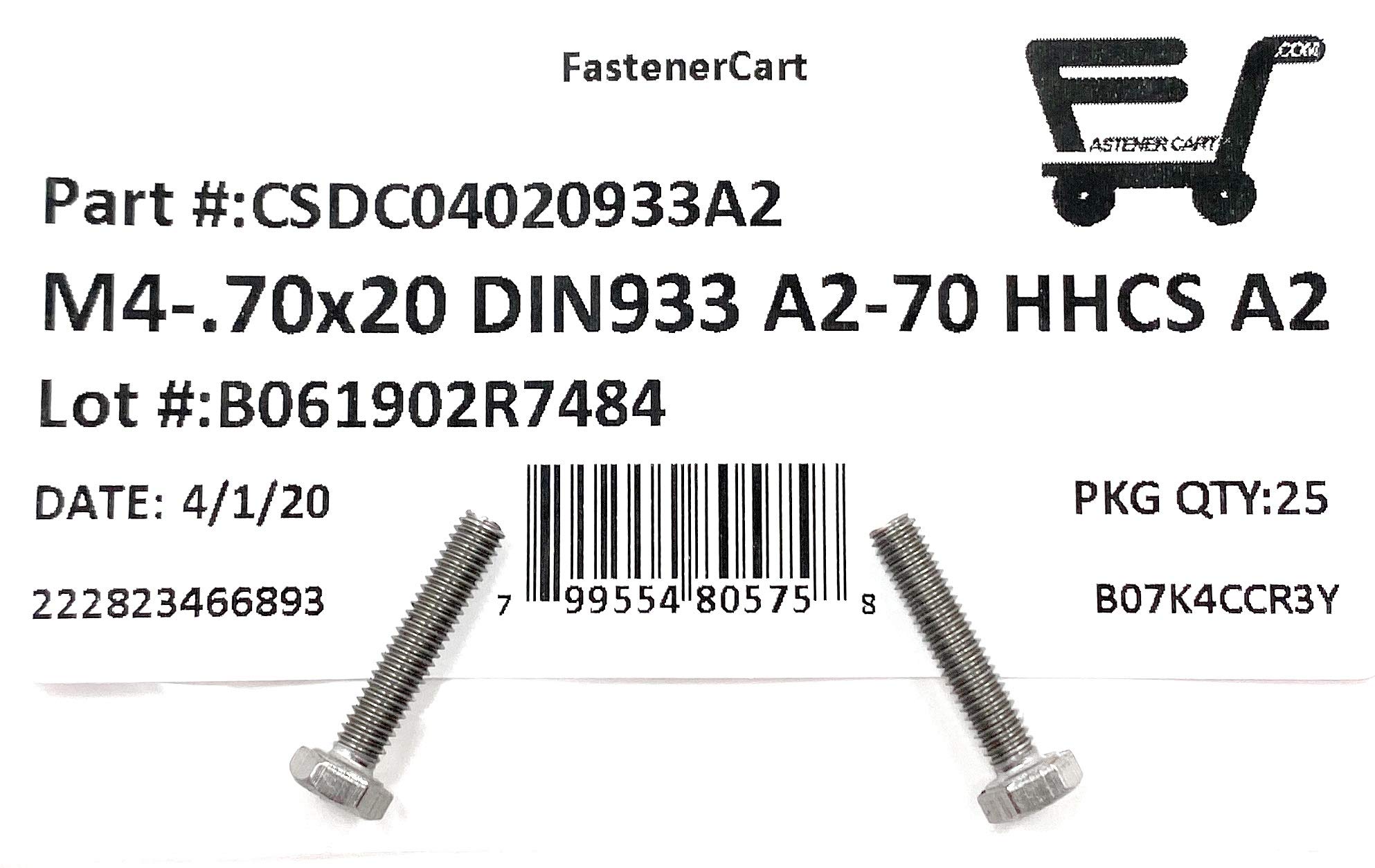 M4-.70 X 20 Hex Head Cap Screw Hex Bolts DIN933 (M4x20) Full Thread A2-70 Stainless Steel (25 Pieces)