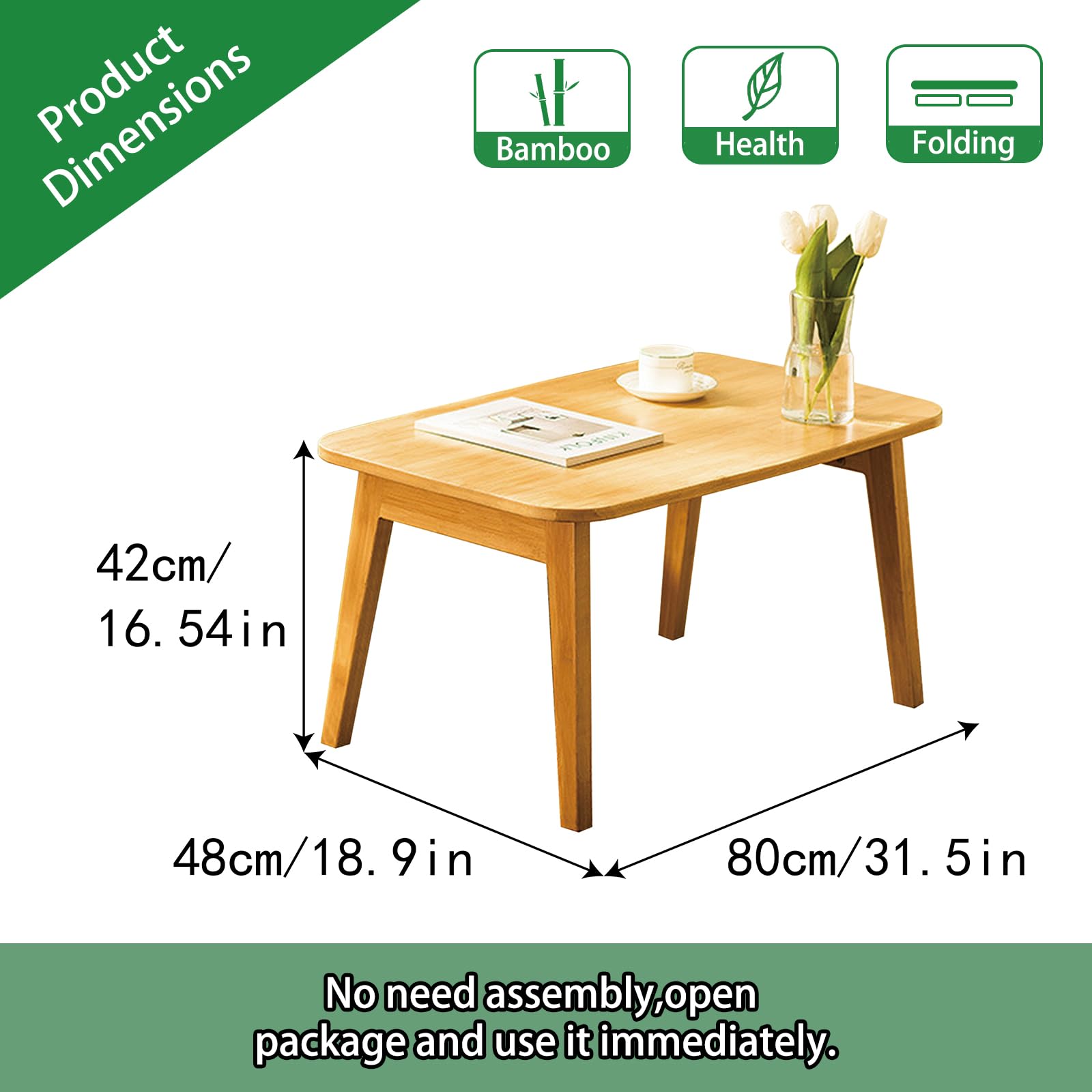 Baveke Coffee Table Foldable Bamboo Mid Century Desk TV Stand with Open Storage Shelf Center Table for Living Room Furniture RV No Assembly, Natural (31.5 in)