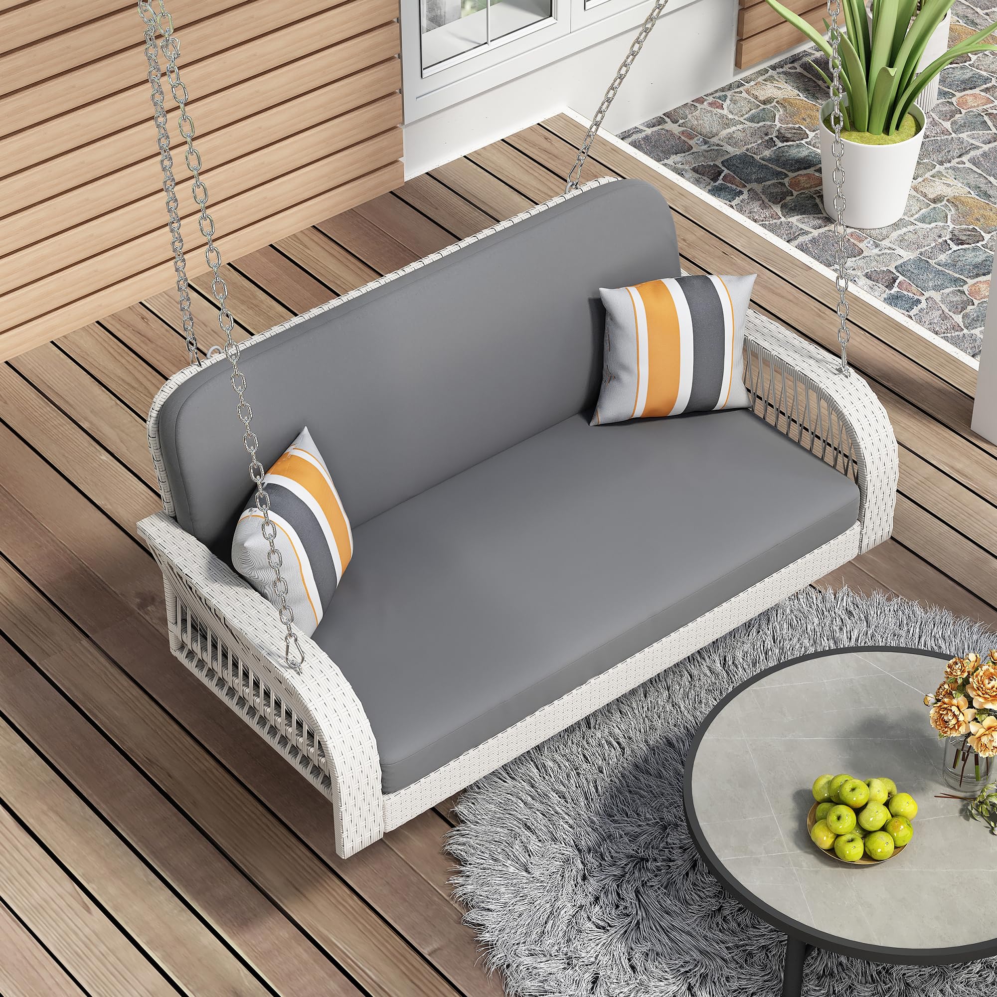 XD Designs Modern PE Wicker Porch Swing, 2-Seater Hanging Bench, 2 Person Front Hanging Porch Swing Bench with Chains, Cushion, Pillow for Backyard Garden Poolside, Max 500 Lb (White-FM)