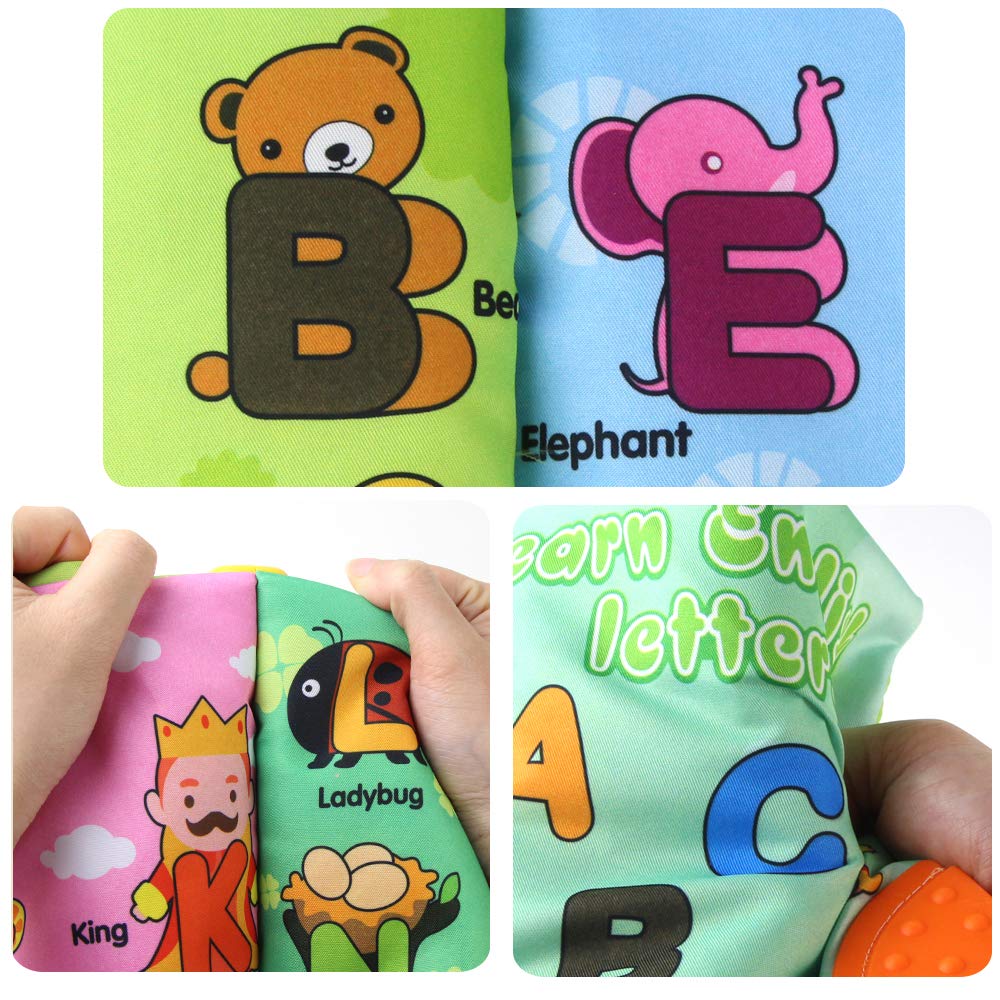 Hapavis Teething Cloth Books Soft Activity Crinkle Baby Books Toys for Early Education for Babies Teether Ring Letters