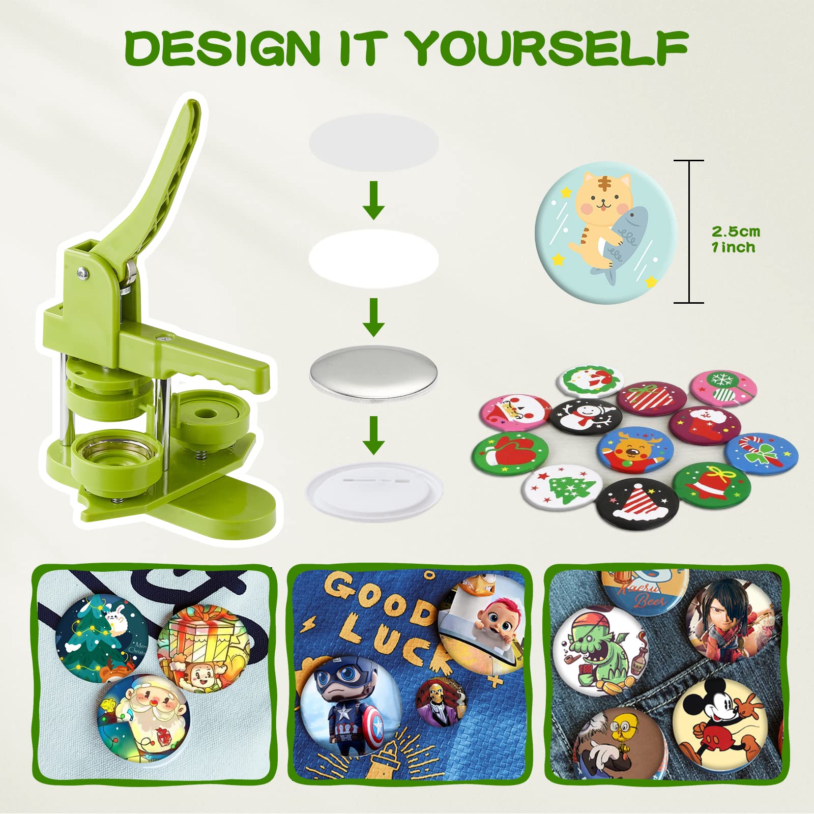 Alldeer Button Maker Machine 25mm - Installation-Free 0.98 in (about 1 Inch) DIY Pin Badge Button Maker Press Machine,Badge Punch Press Button Maker Kit with Free 50pcs Button Parts(Green)