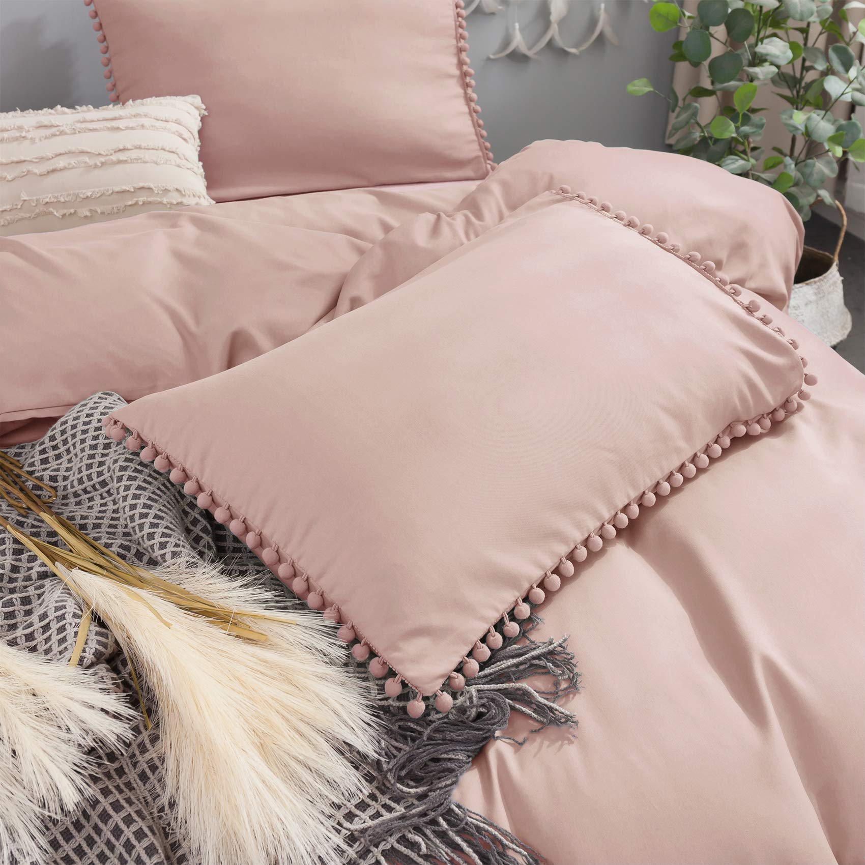 Bowavat Pom Pom Fringe Duvet Cover Twin Size,100% Washed Microfiber 3 Pieces Pink Mocha Duvet Cover Set, Soft and Durable with Zipper Closure and Corner Ties (Twin, Pink Mocha)