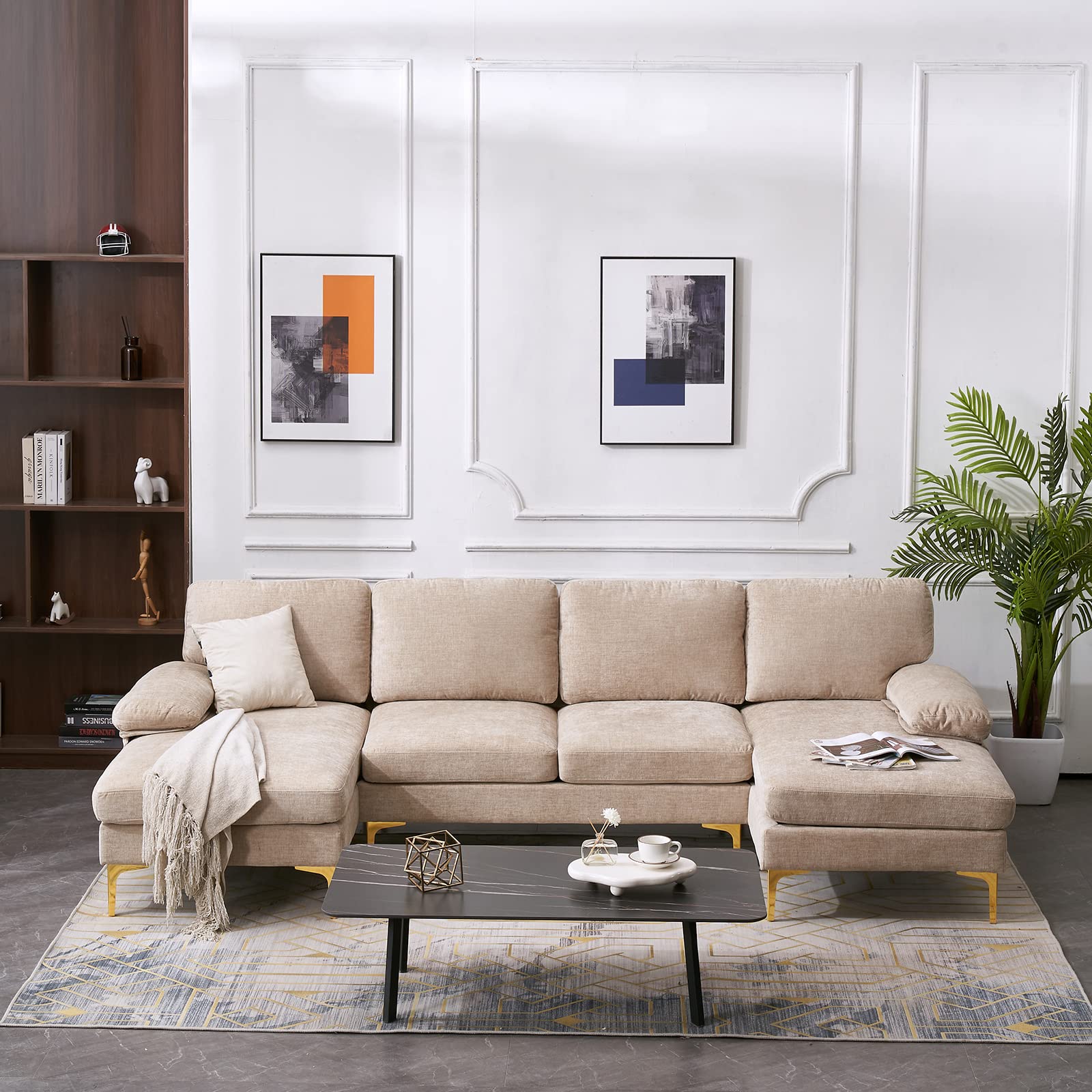 POULEII Sectional Sofa,Modern U-Shape Modular Sectional Sofa Sleeper Couch with Chenille Fabric and Gold-Plated Feet for Living Room, Apartment, Office,Camel