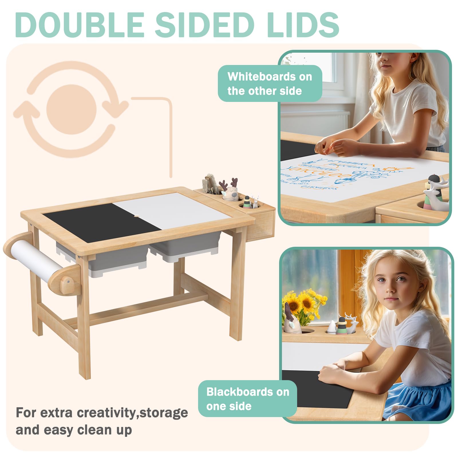 Beeneo Sensory Table for Toddlers, Kids Table with 2 Storage Bins, Multifunction Toddler Activity Table, Wooden Play Table for Kids, Sand and Water Table with Writable Lids