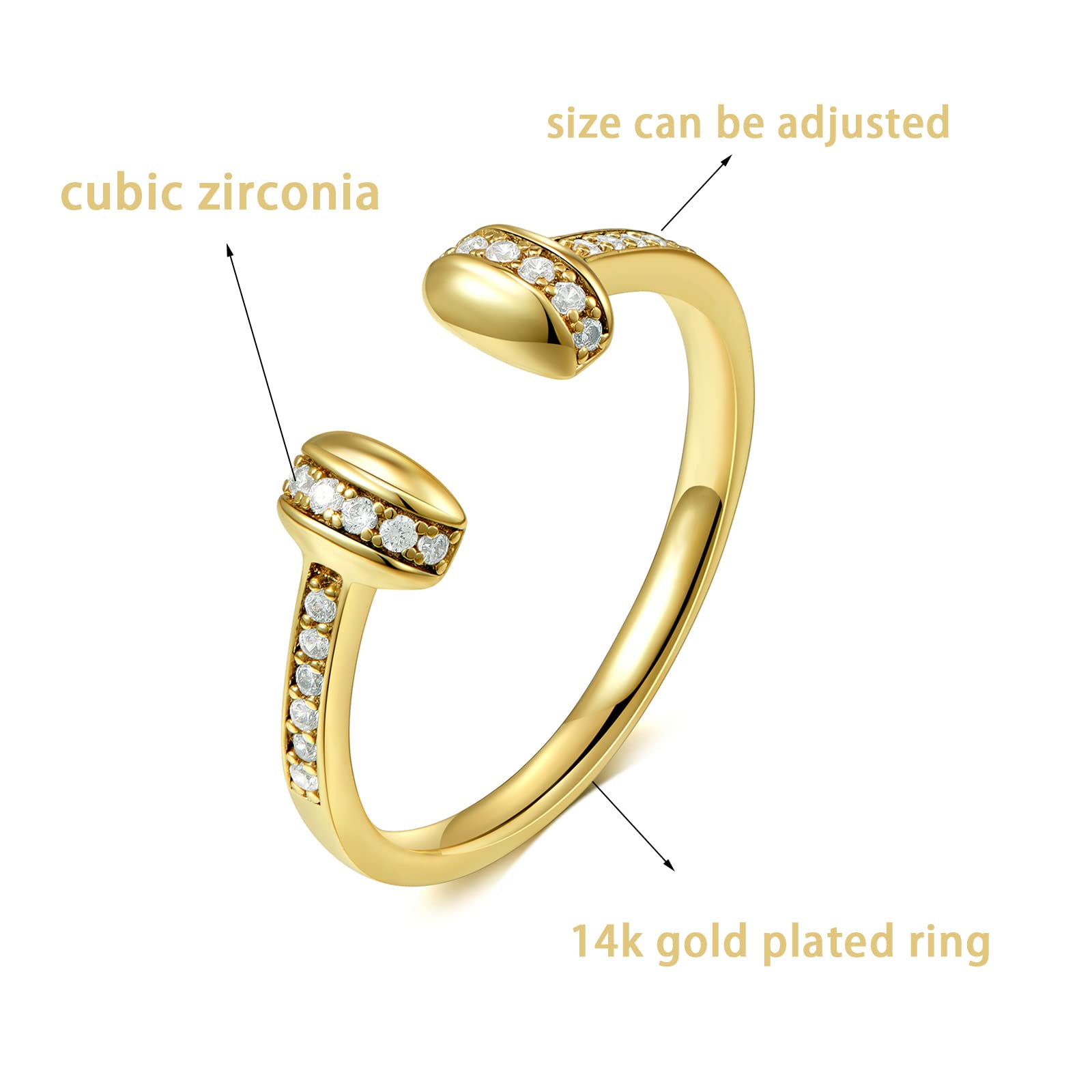 AllenCOCO Gold Plated Stackable Ring for Women Trendy, Adjustable Knuckle Cute Band Ring with Cubic Zirconia for Girl Mother's Day Gift Adjustable Size 5 to 7 (D-14K Gold)