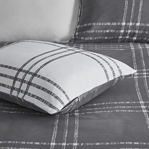 Intelligent Design Pike Reversible Duvet Set, Cottage Plaid Print, Modern Cabin Lifestyle, All Season Bedding Cover for Comforter with Matching Sham, Full/Queen White/Grey 3 Piece