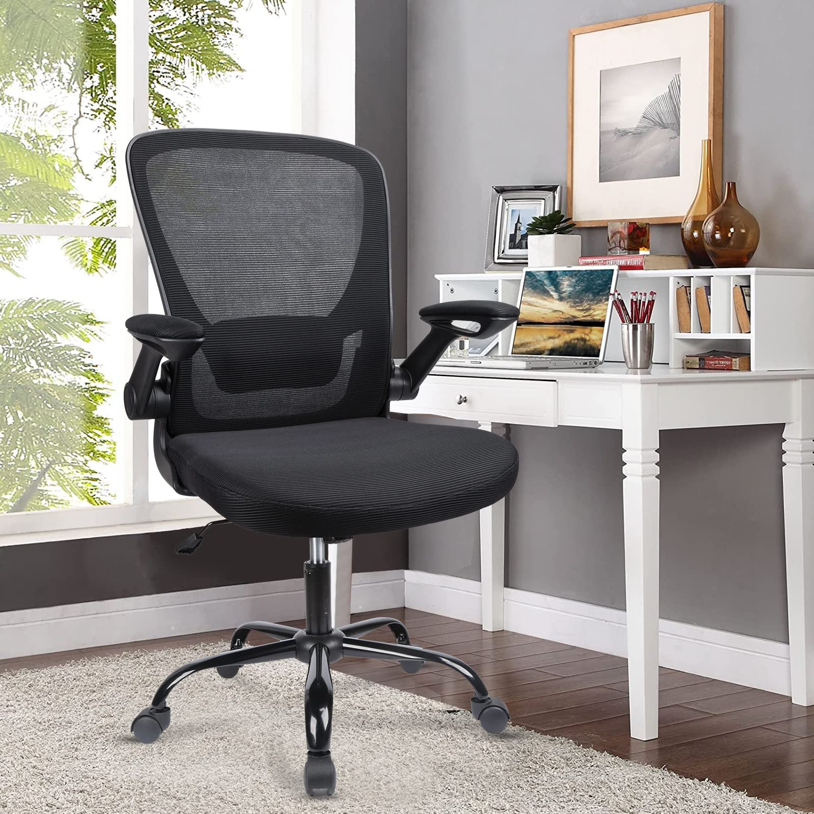Ergousit Ergonomic Home Office Chair, Mesh Office Chair Flip Up Arms with Lumbar Support, Adjustable Comfortable Computer Desk Chair Ergonomic, 250Lbs Capacity (Black)