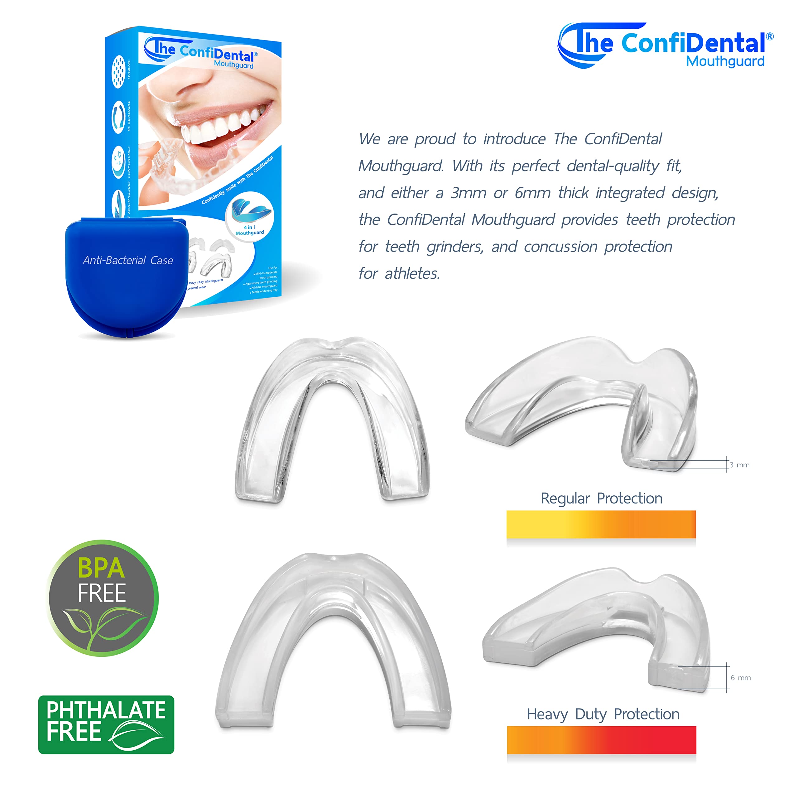 The ConfiDental - Pack of 5 Moldable Mouth Guard for Teeth Grinding Clenching Bruxism, Sport Athletic, Whitening Tray, Including 3 Regular and 2 Heavy Duty Guard (3 (lll) Regular 2 (II) Heavy Duty)