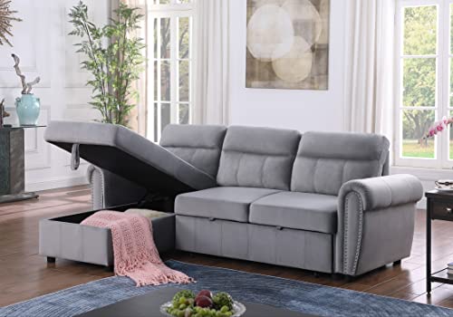Lilola Home Ashton Gray Velvet Fabric Reversible Sleeper Sectional Sofa Chaise