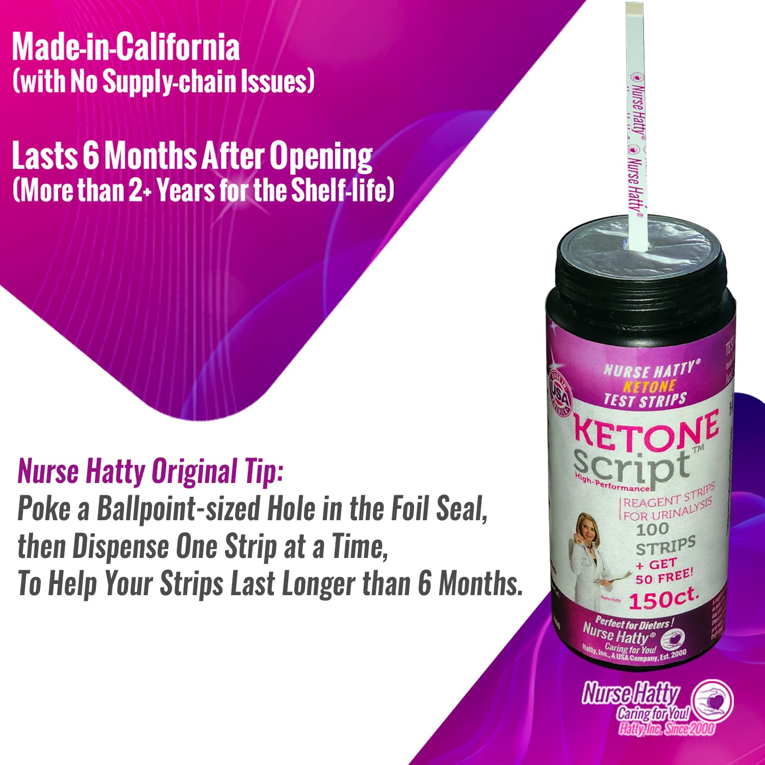Nurse Hatty - 150 Ketone Test Strips w Built-in Color Chart – Free Keto Guide eBook & Free App - Made-in-The-USA - Urine Test for Ketogenic, Ketosis, Low Carb, Atkins & Paleo Diets - Extra Long Strips